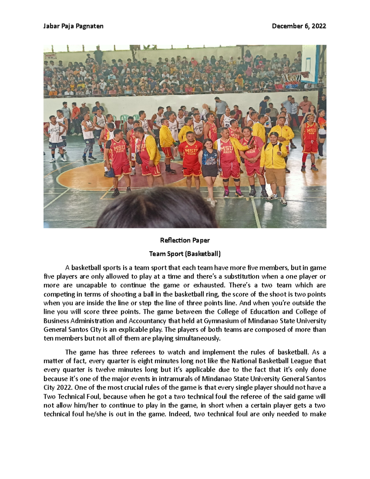 Reflection Paper - N/A - Jabar Paja Pagnaten December 6, 2022 ...