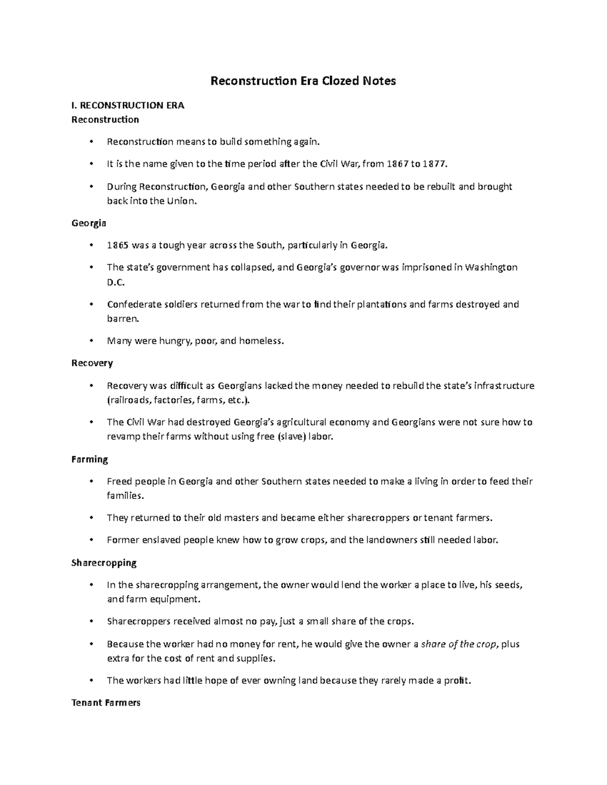 Reconstruction Clozed Notes 1 - Reconstruction Era Clozed Notes I ...