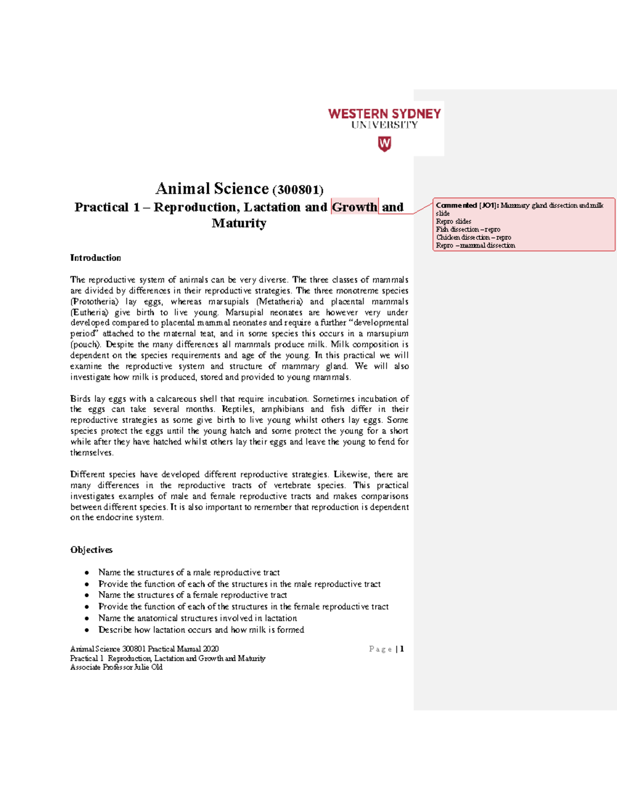 Animal Science Practical 1 Worksheet 300801 - Animal Science 300801 ...