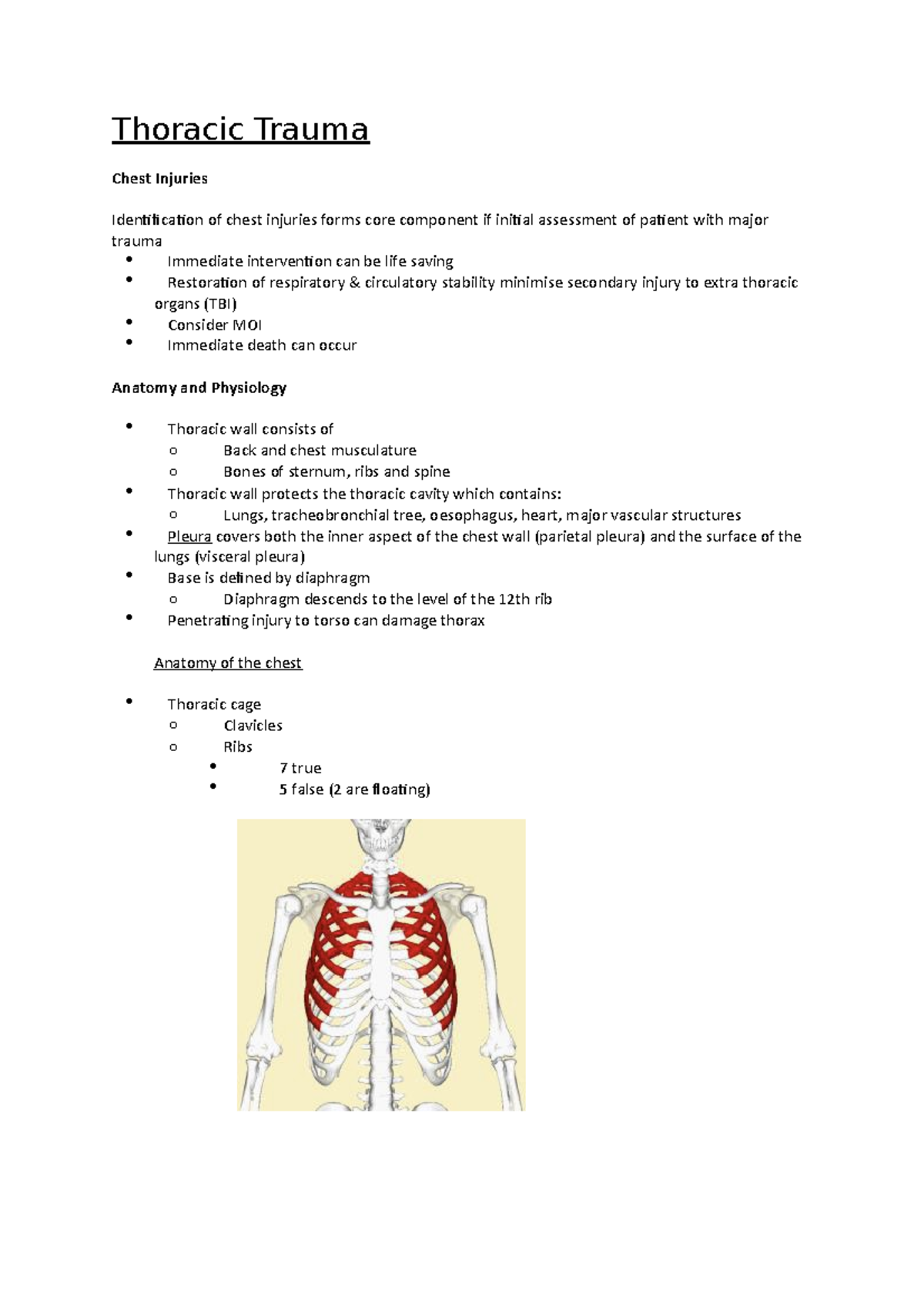Week 6 - thoracic trauma - Thoracic Trauma Chest Injuries - Studocu