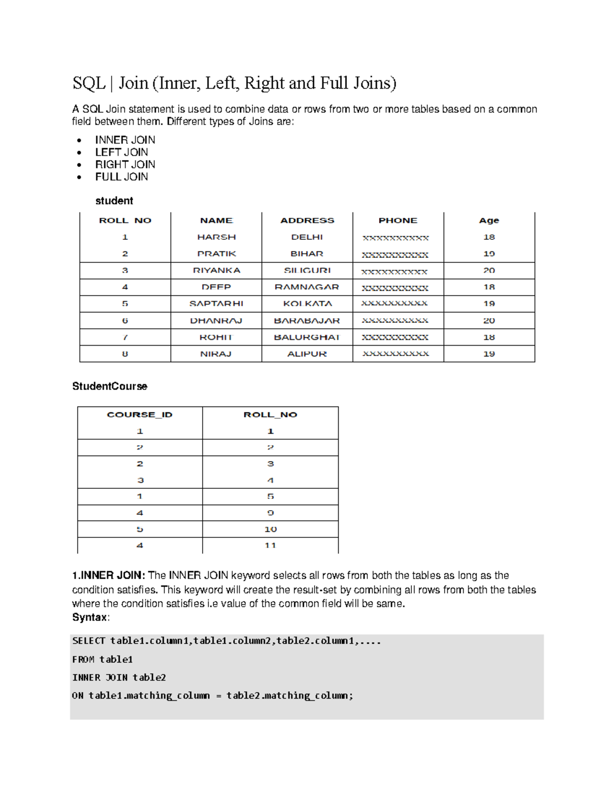 SQL join - Sql join sections: left join, right join,full join ...