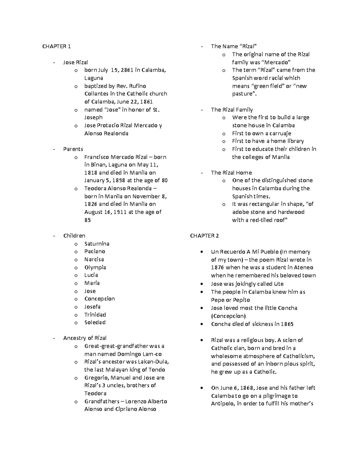 RIZ101 Reviewer - CHAPTER 1 Jose Rizal o born July 19, 2861 in Calamba ...