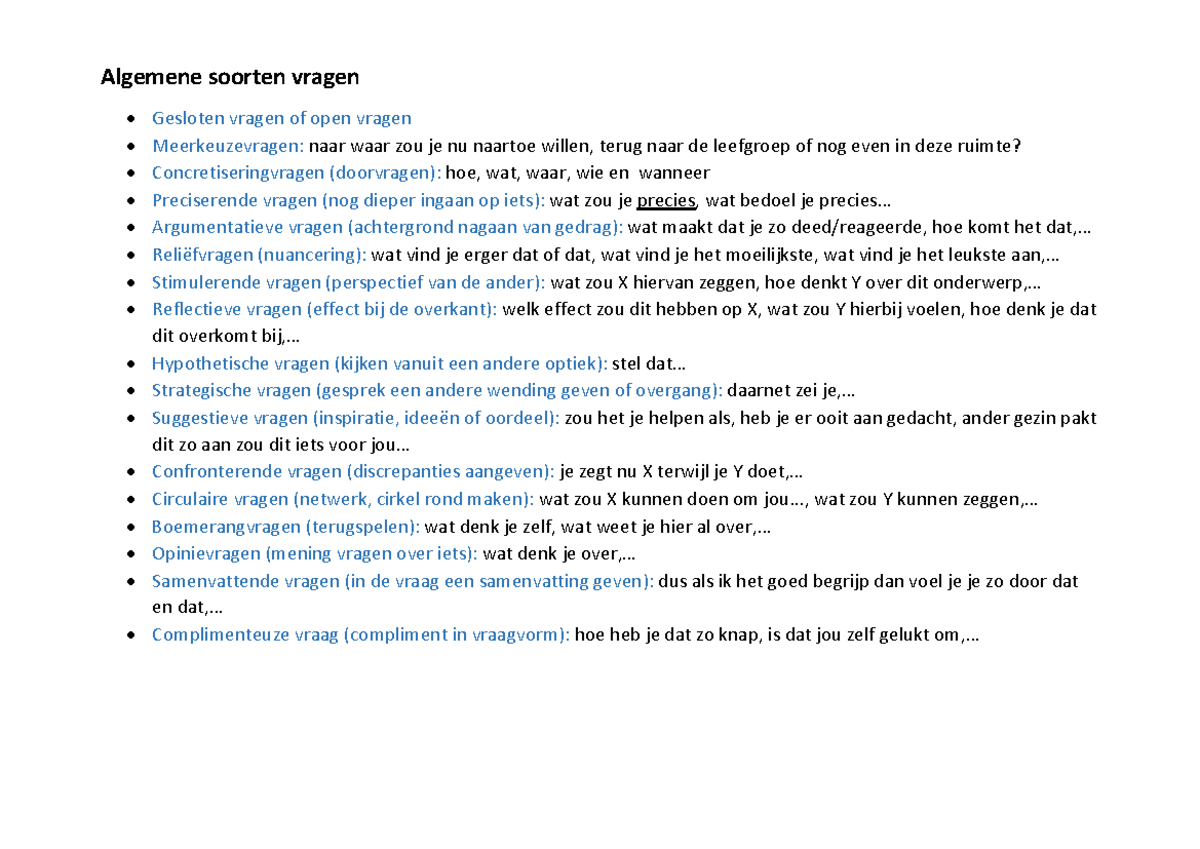 Soorten vragen (actierespons) - Algemene soorten vragen Gesloten vragen of open vragen - Studocu