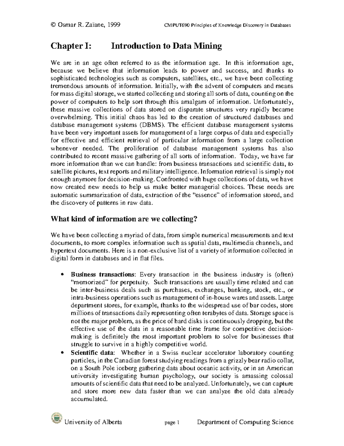 Chapter 3-Intro 2Data-mining - Osmar R. Zaïane, 1999 Chapter I ...