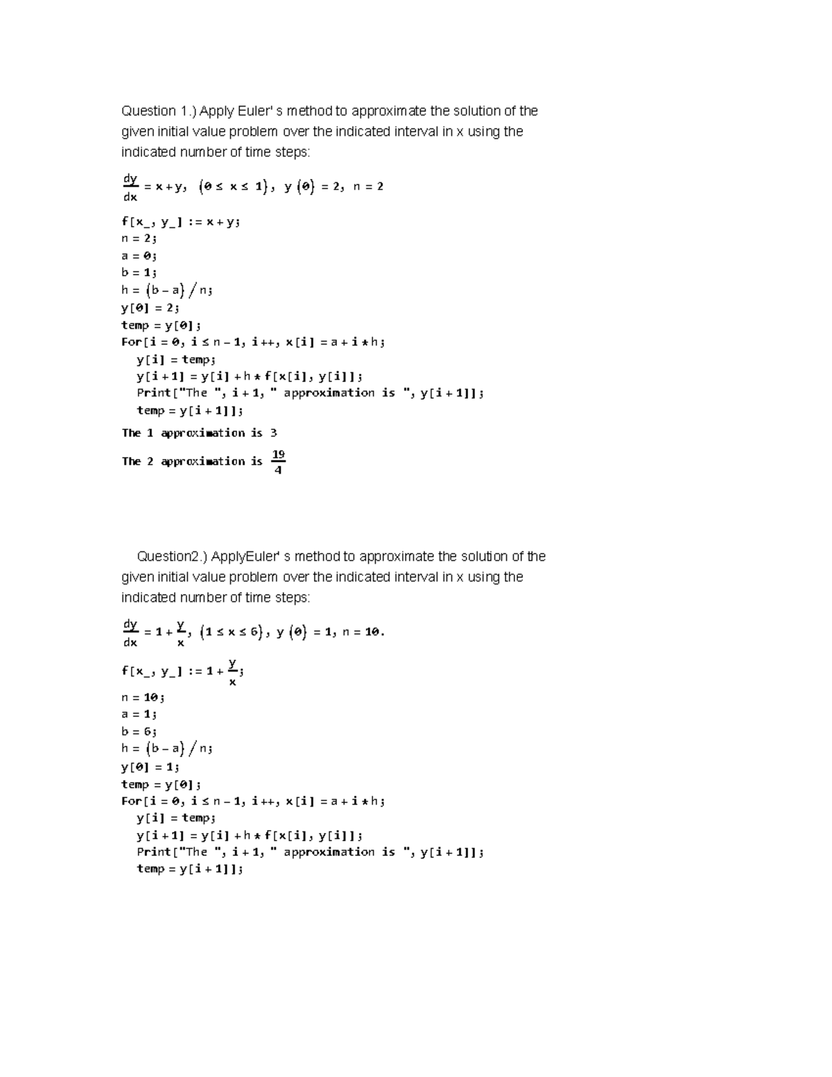 Euler Method Practical - Question 1.) Apply Euler' s method to ...