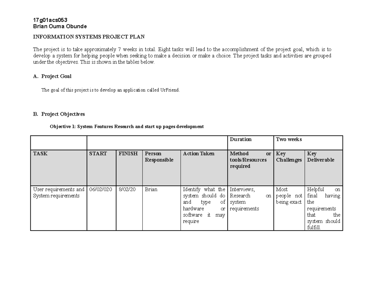 IS Project Plan - Brian Ouma Obunde INFORMATION SYSTEMS PROJECT PLAN ...