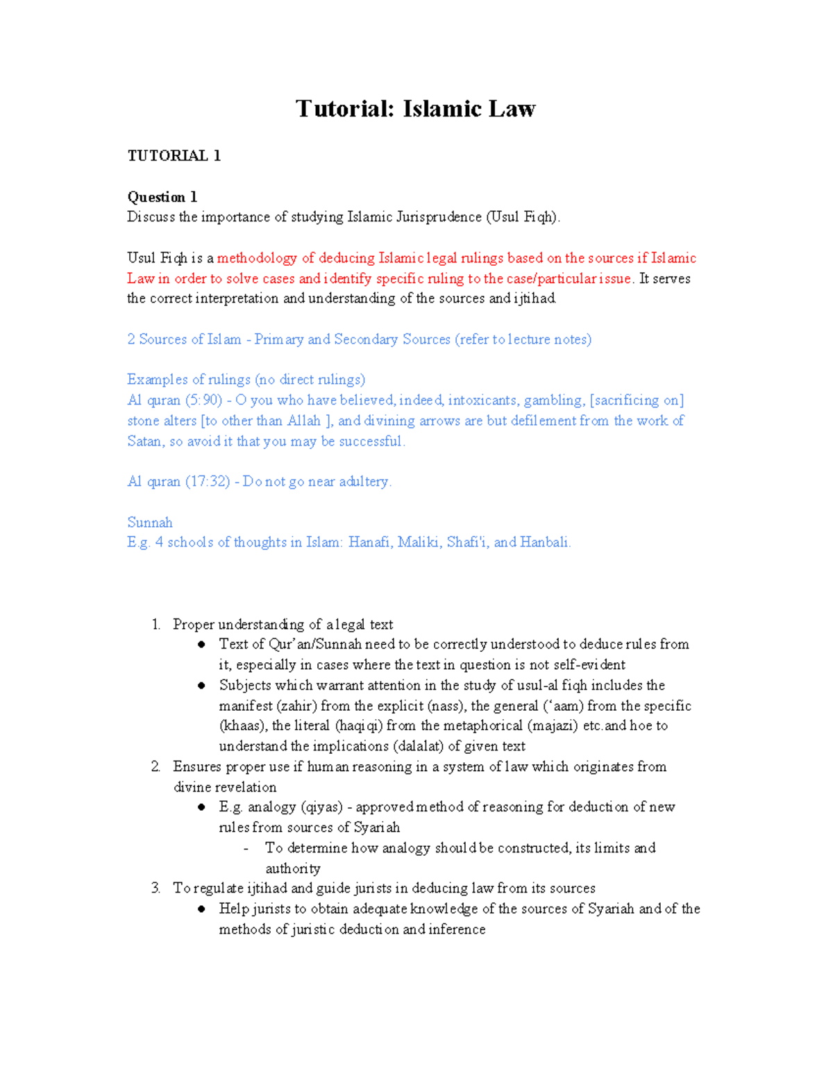 Islamic Law I Tutorial 1 - Tutorial: Islamic Law TUTORIAL 1 Question 1 Discuss the importance of ...