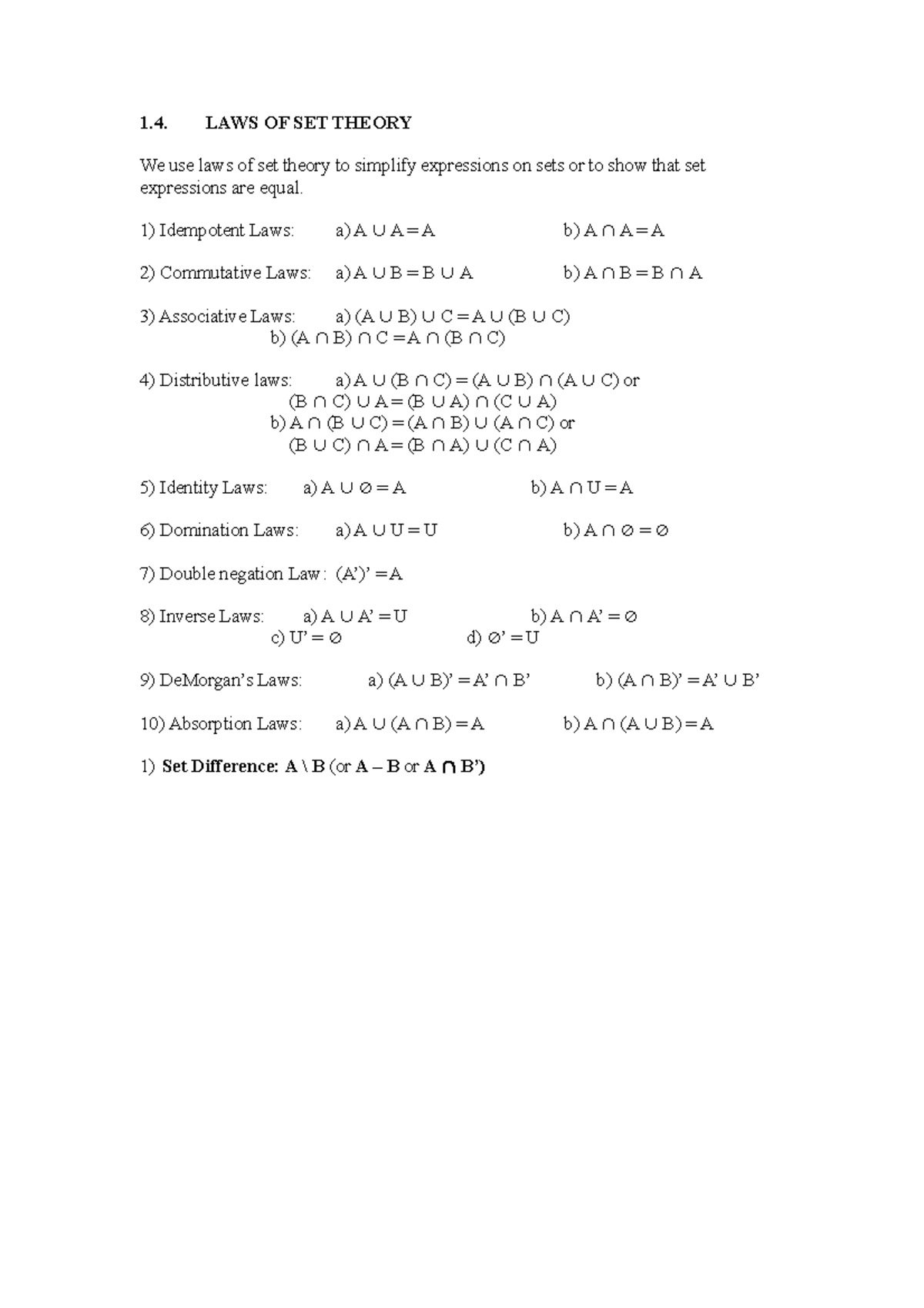 LAWS OF SET Theory - MAT210 - 1. LAWS OF SET THEORY We use laws of set ...