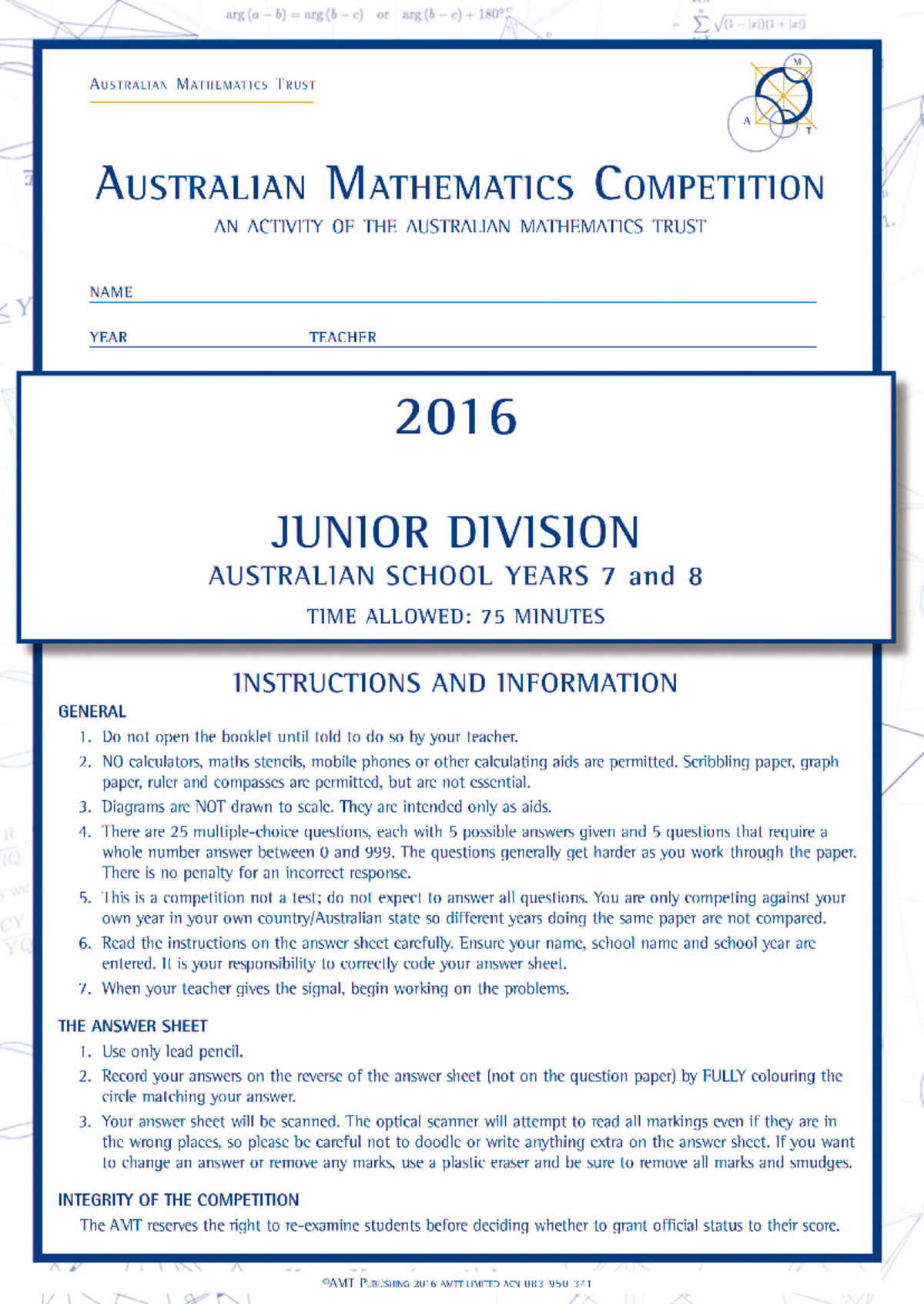 2016 AMC Junior - Australian Mathematics Competition - Studocu
