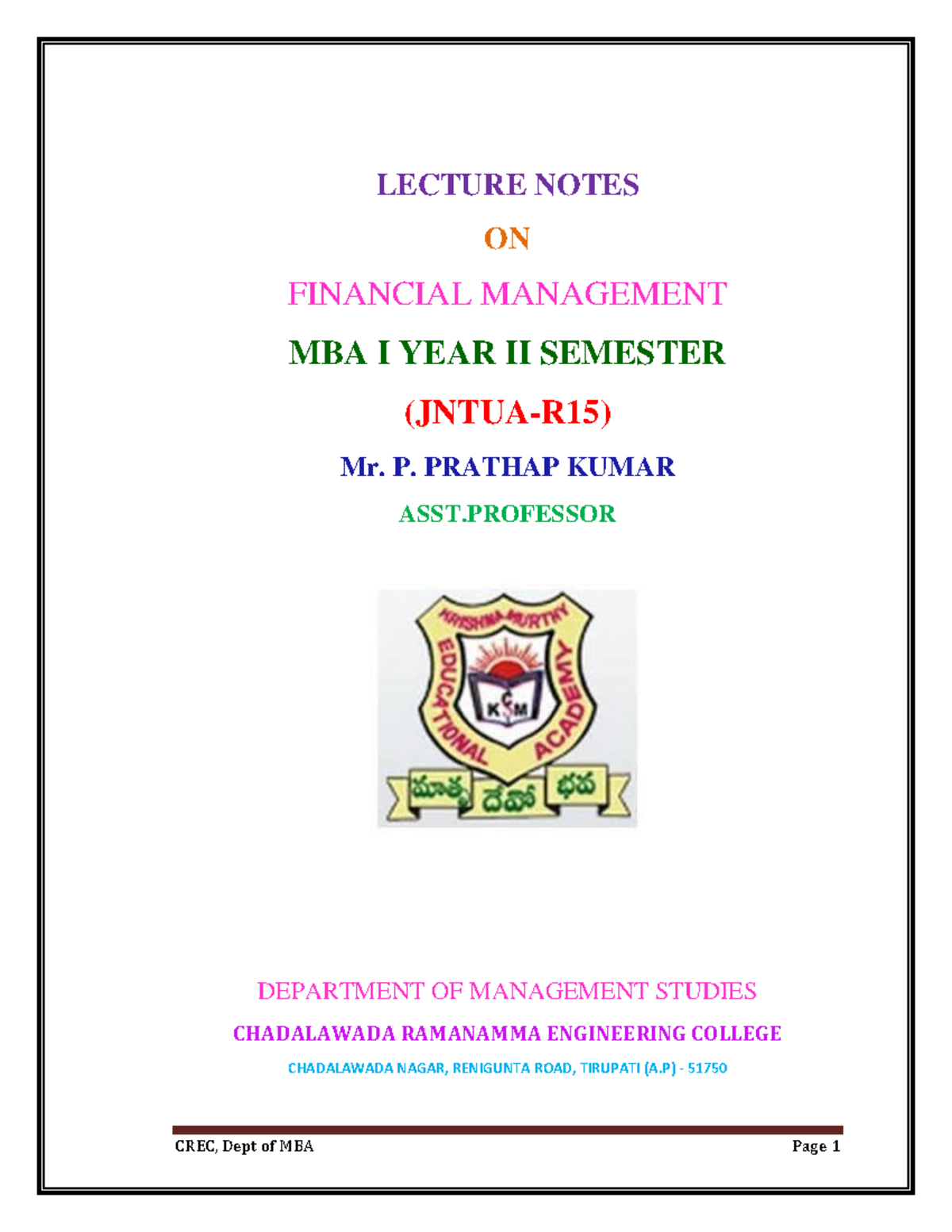 Finance notes - lecture - LECTURE NOTES ON FINANCIAL MANAGEMENT MBA I ...