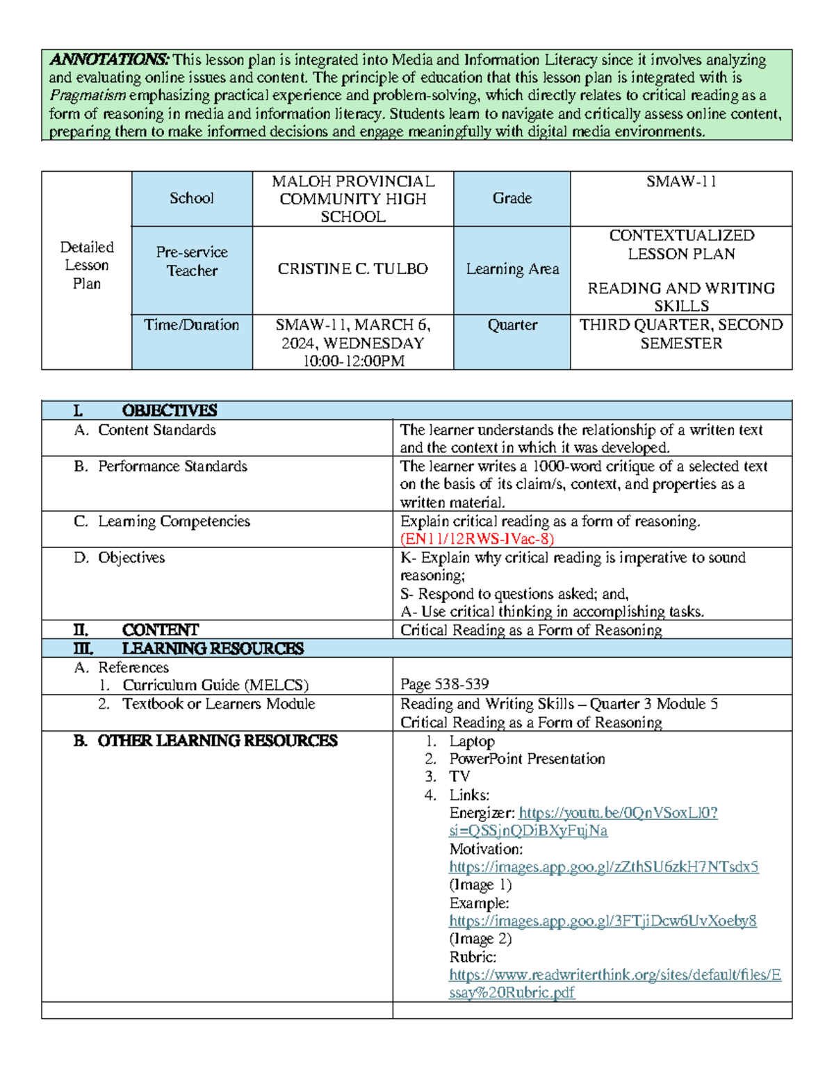 RWS-LP- Module 5 - This is an example of lesson plans I made ...
