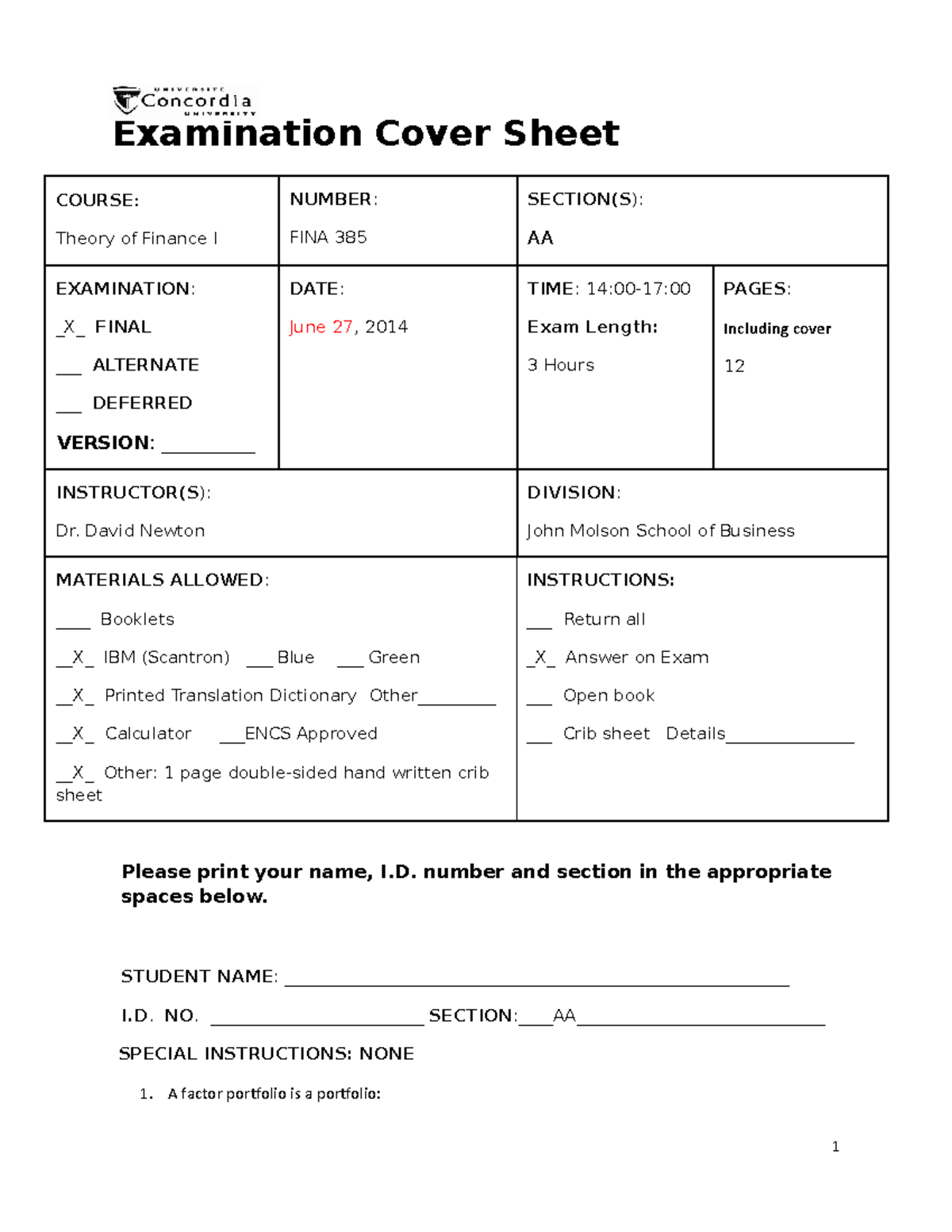 Fina 385 AA Final exam May 22 2014 - Examination Cover Sheet COURSE ...