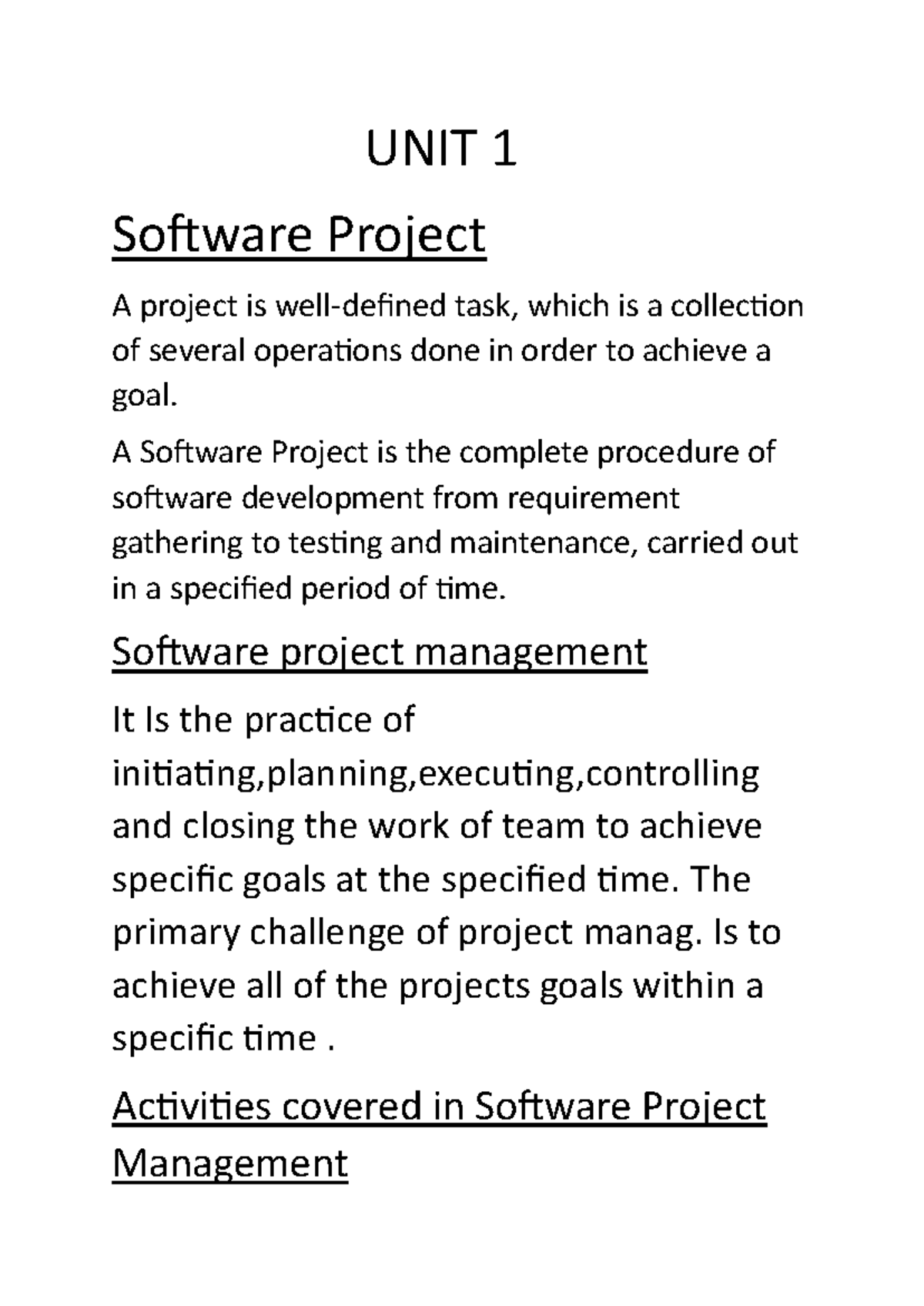 Spm notes unit 1 - Summary Software Project Management - UNIT 1 ...