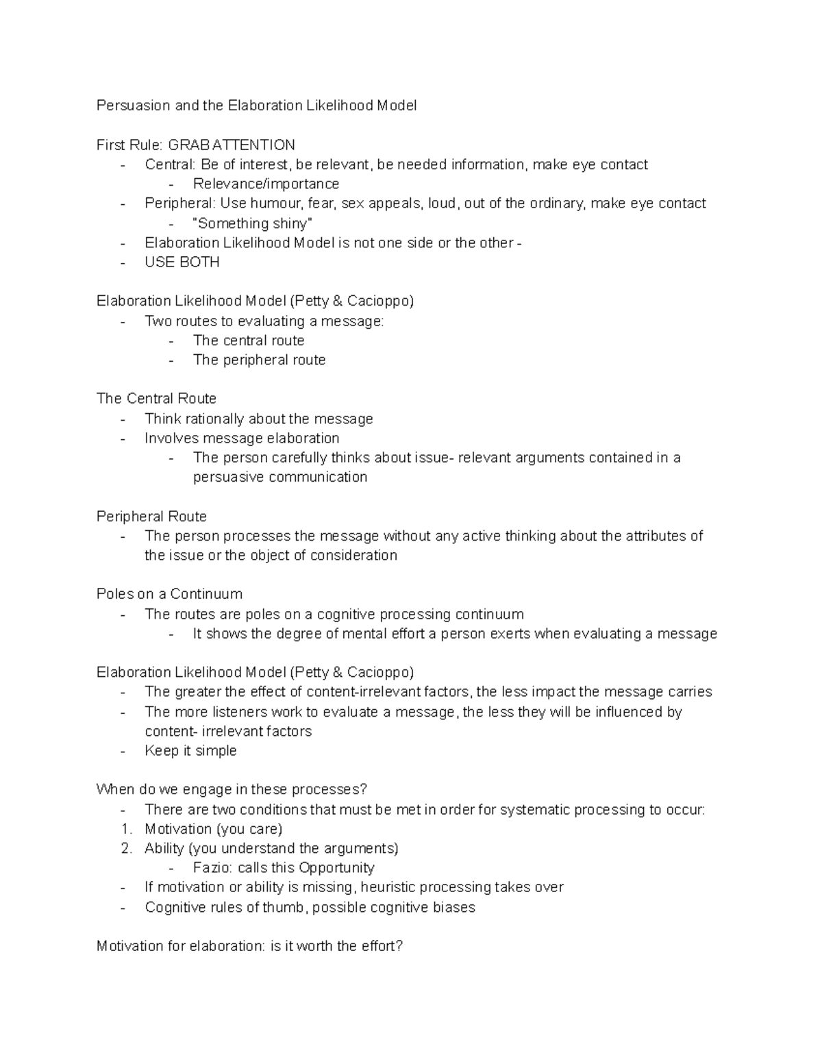 Psych 3CB3 lec 9 - Persuasion and the Elaboration Likelihood Model ...