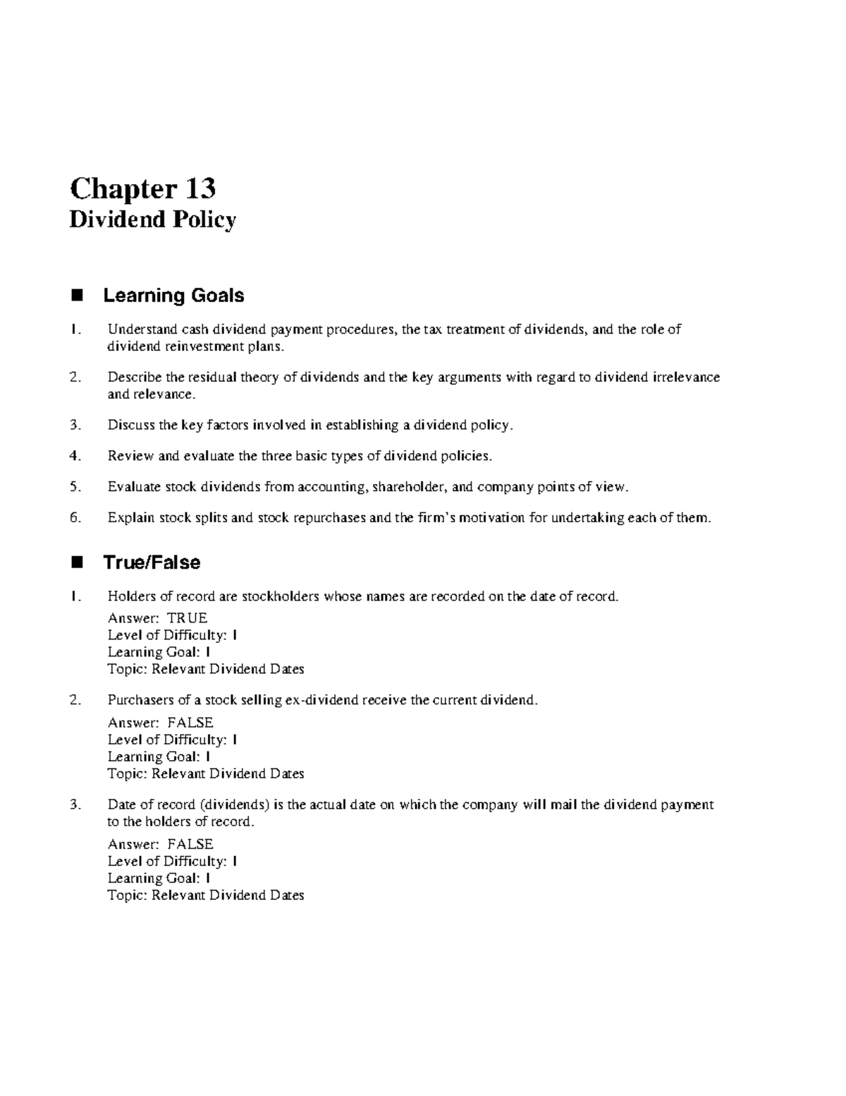 13 Dividend Policy - Summary Architecture - Chapter 13 Dividend Policy ...