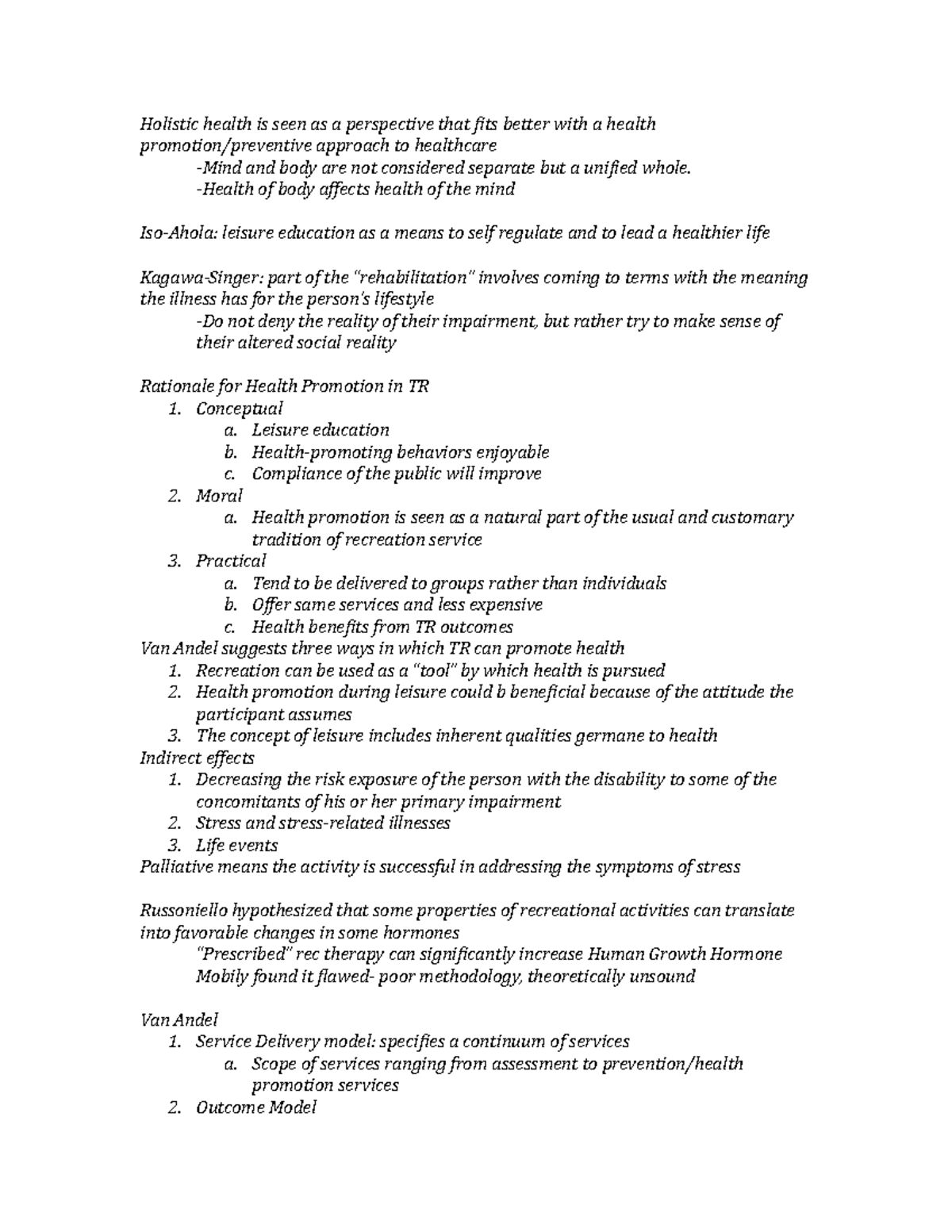 Health & TR - Lecture notes - Holistic health is seen as a perspective ...