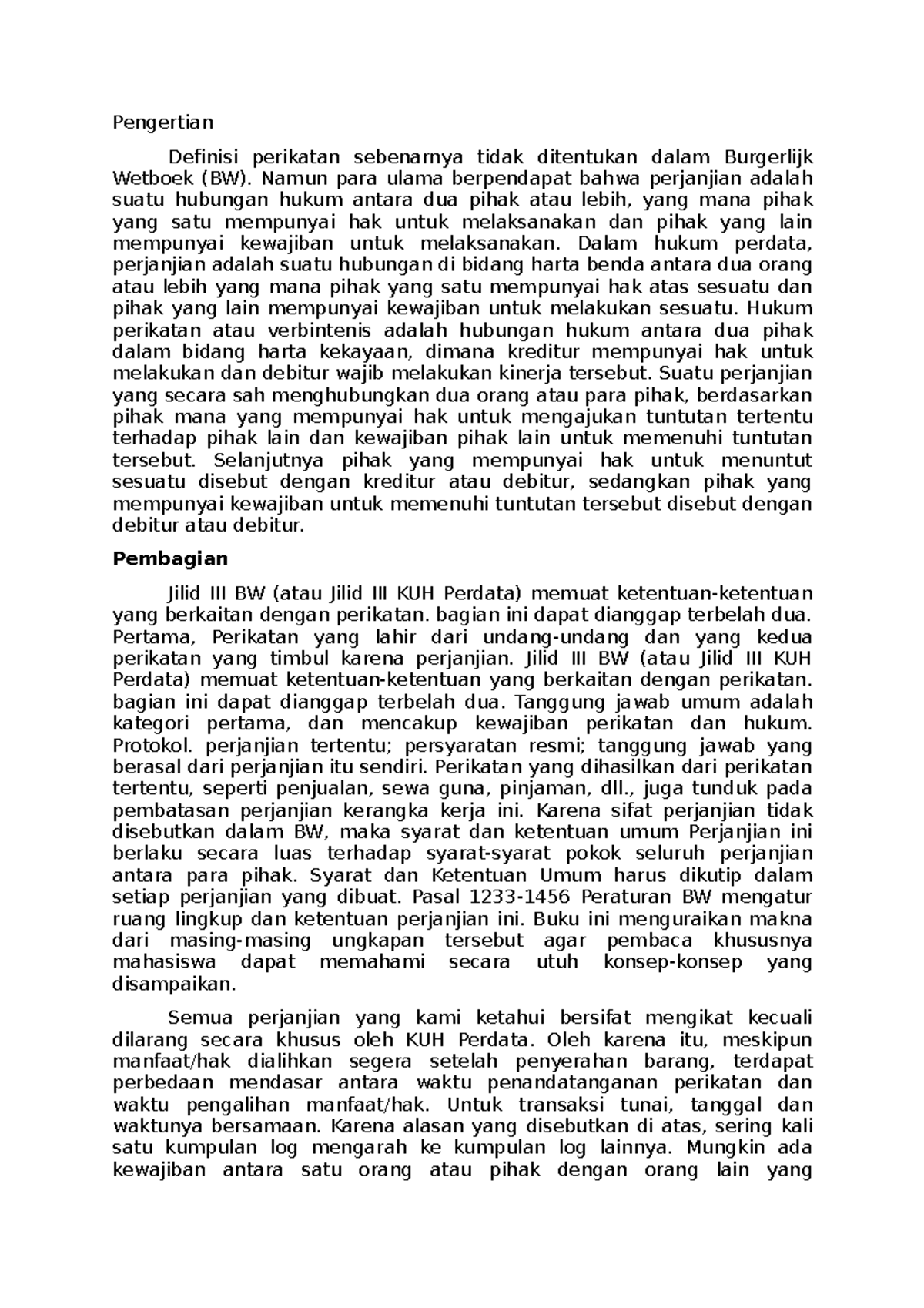 Resume BW - asdads - Pengertian Definisi perikatan sebenarnya tidak ...