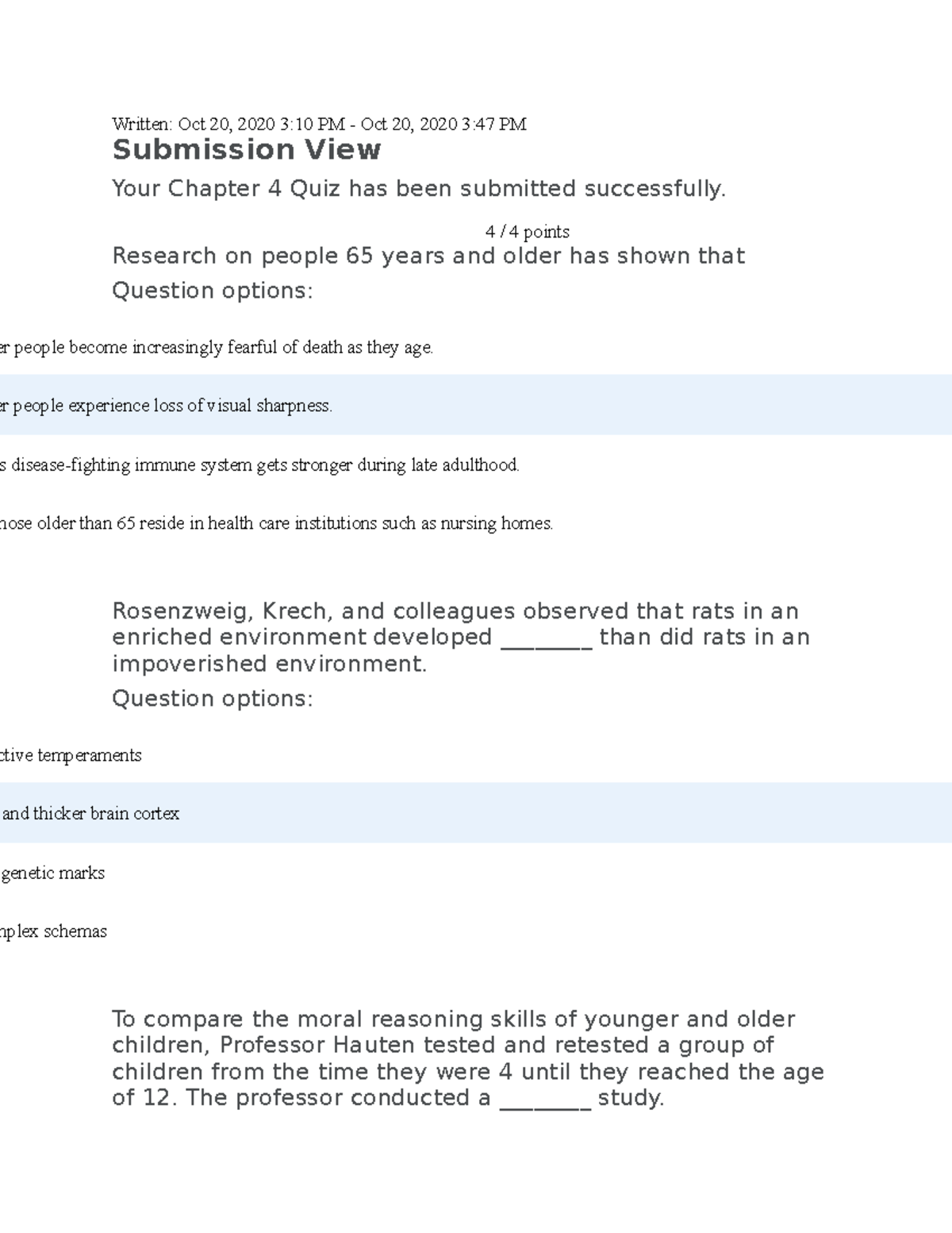 Introduction to Psychology quiz 4 - Written: Oct 20, 2020 3:10 PM - Oct ...