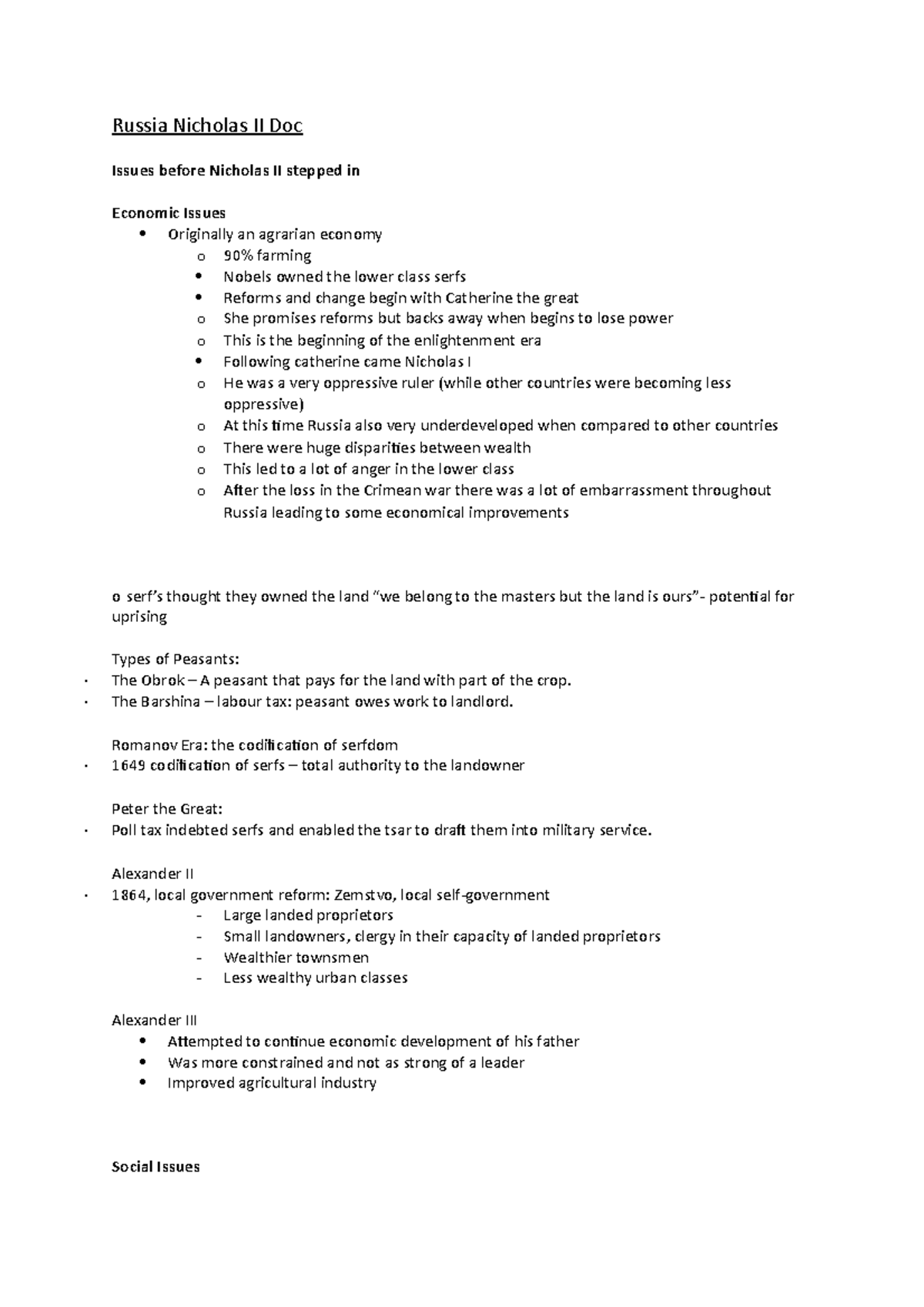 Russia Nicholas II Doc - Russia Nicholas II Doc Issues before Nicholas ...