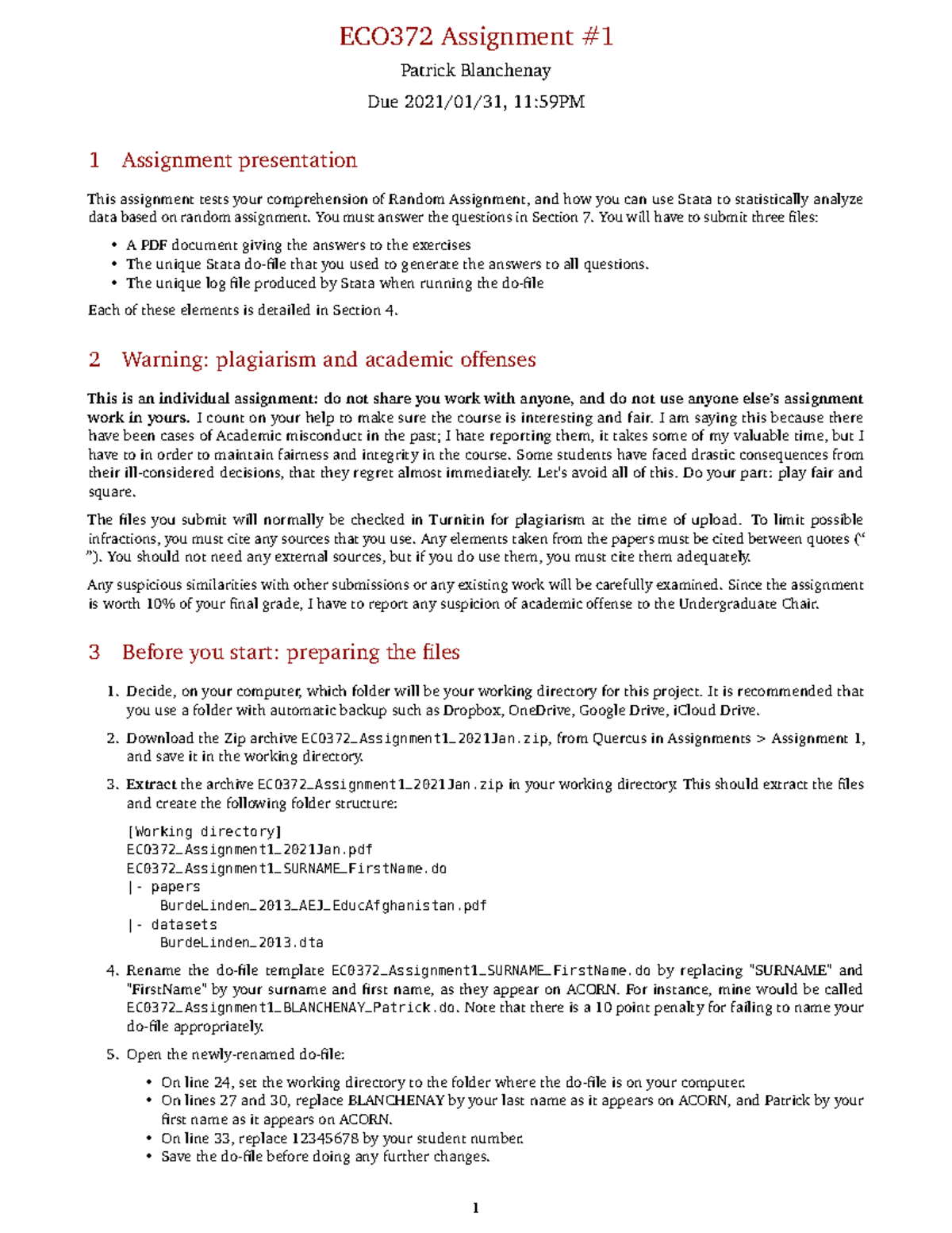 ECO372 Assignment 1 2021Jan - ECO372 Assignment Patrick Blanchenay Due 2021/01/31, 11:59PM 1 ...