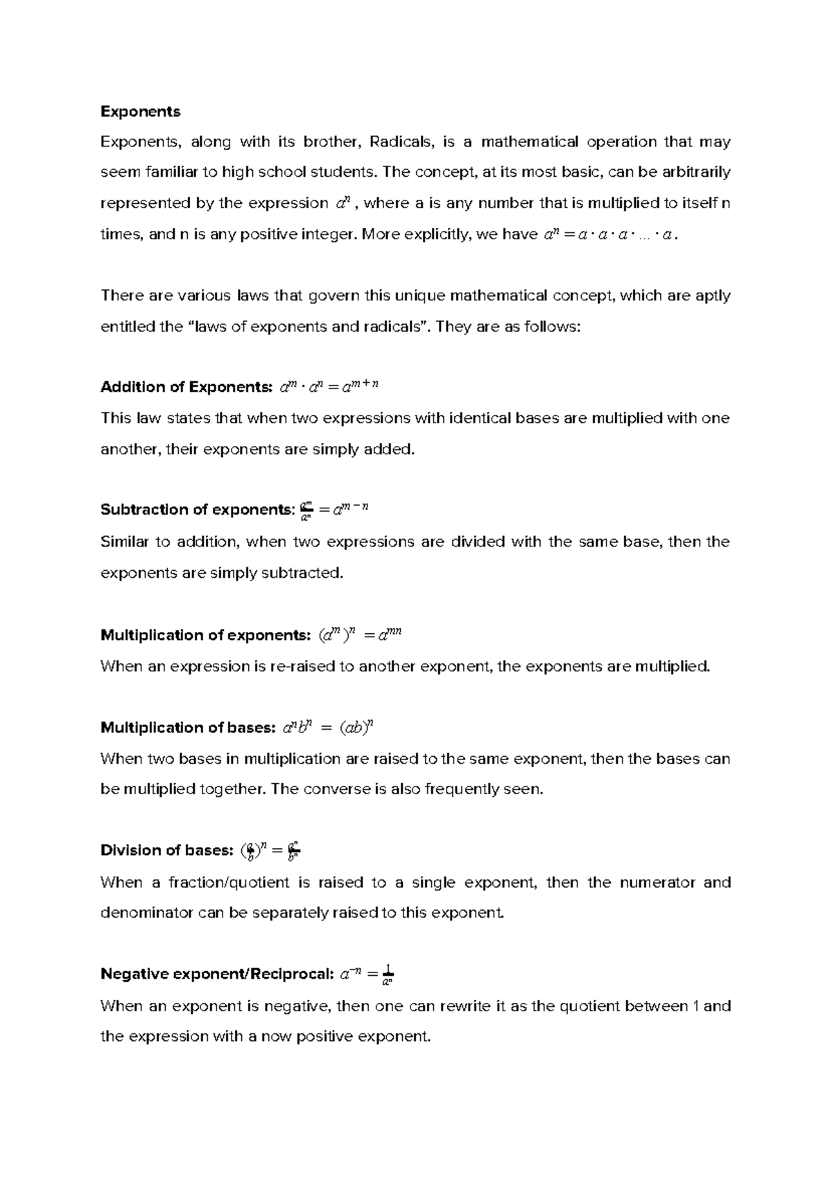 Algebra - Exponents and Radicals Notes - **Exponents ** Exponents ...
