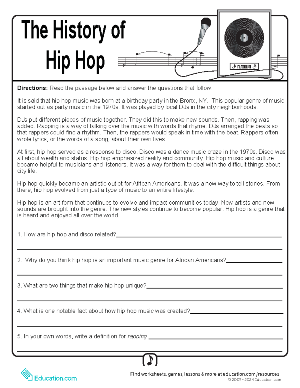 History of hip hop music - © 2007 - 2018 Education Find worksheets ...