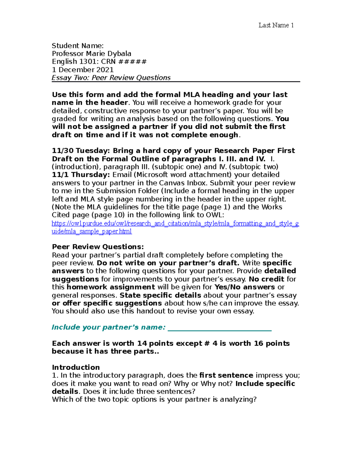 Research Paper Peer Review Questions - Last Name 1 Student Name ...