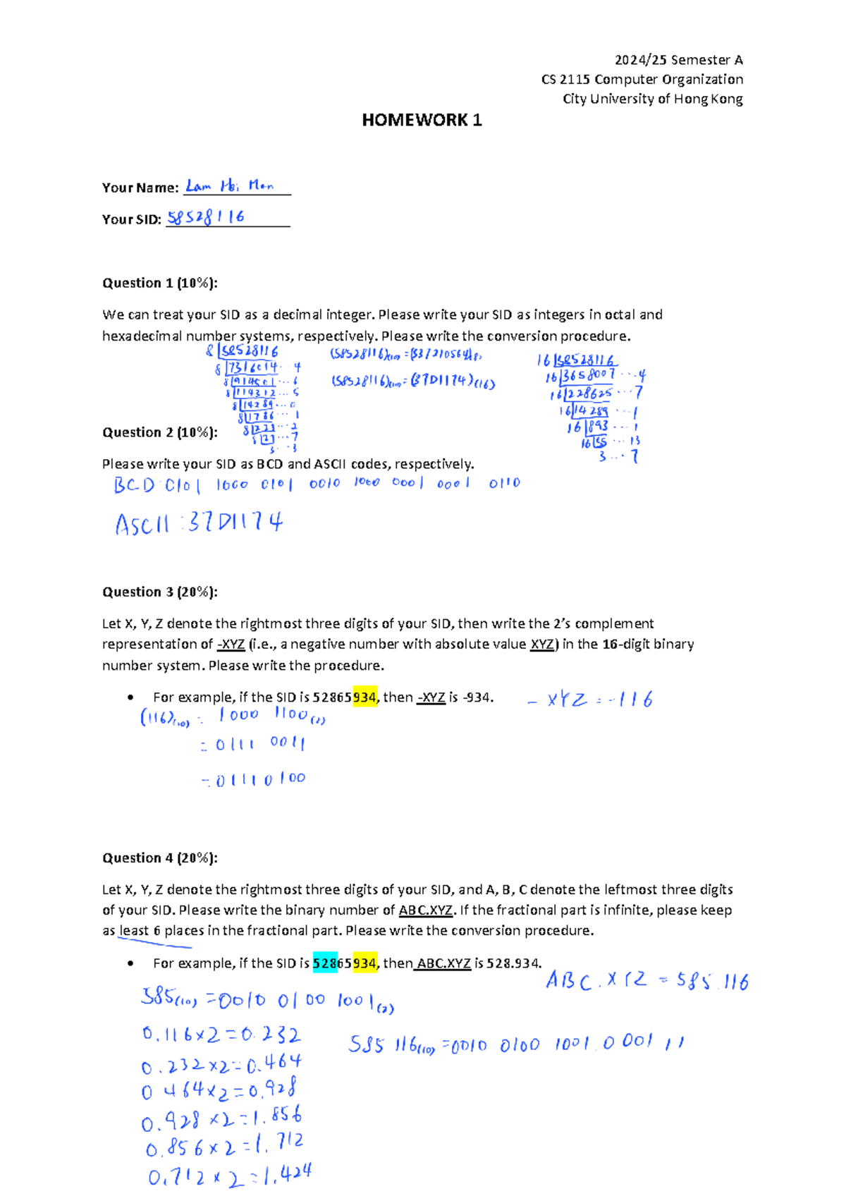 CS2115 HW1 - Homework - 2024 /2 5 Semester A CS 2115 Computer ...