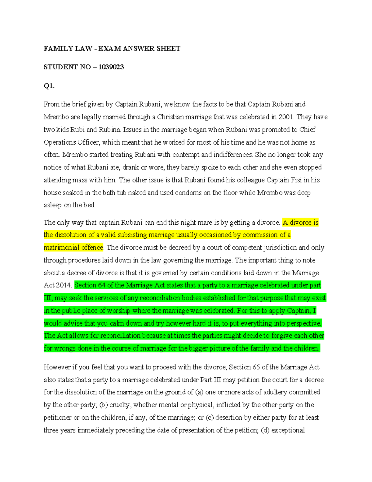 Family LAW EXAM Answer Sheet doc - 11 - FAMILY LAW - EXAM ANSWER SHEET ...