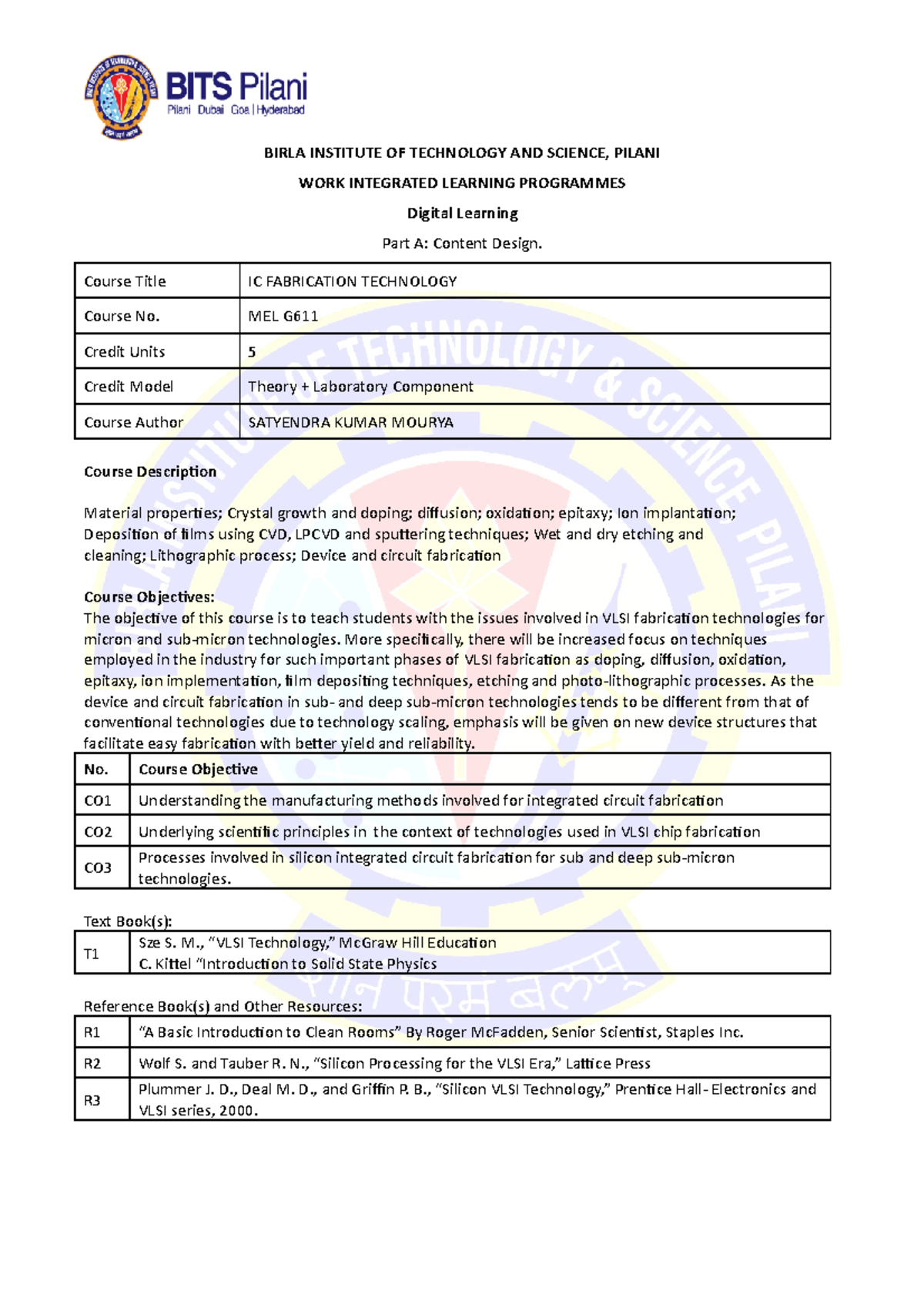 MEL ZG611 IC Fabrication Technology Course Handout - BIRLA INSTITUTE OF ...