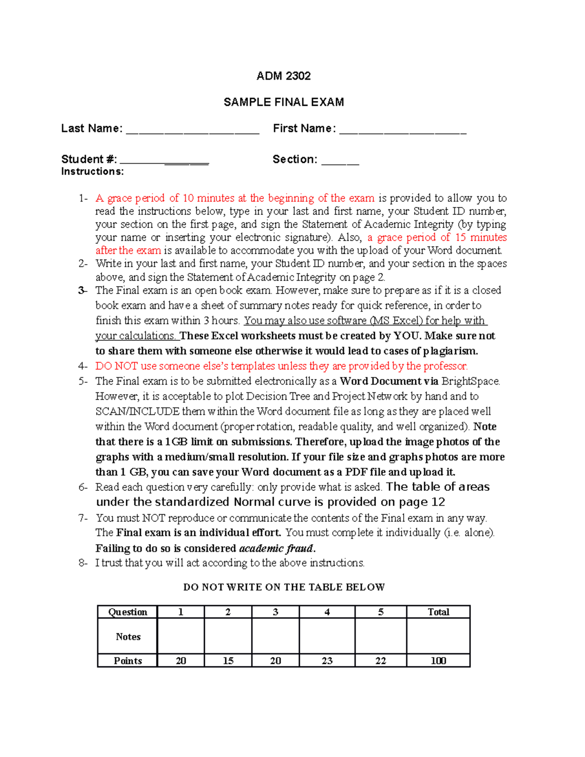 Sample Final Exam 2021 - ADM 2302 SAMPLE FINAL EXAM Last Name ...