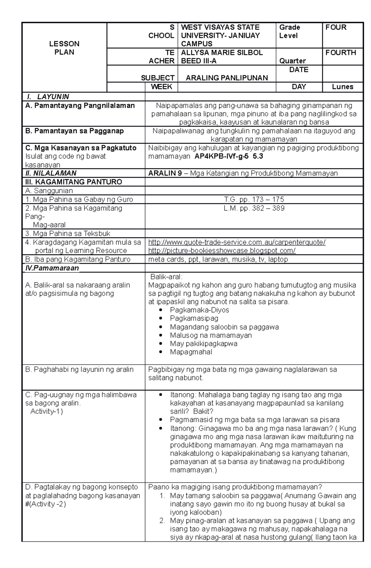 Lesson Plan in Araling Panlipunan 4 - LESSON PLAN S CHOOL WEST VISAYAS ...