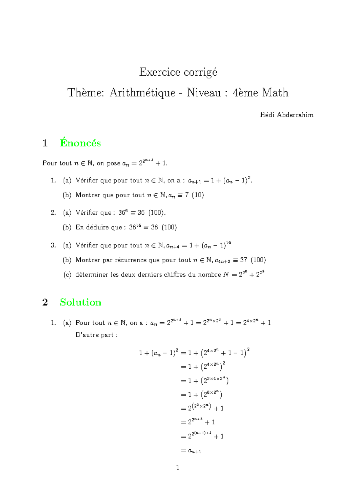 Arithm 1 - Exercice corrig ́e Theme: Arithm ́etique - Niveau : 4eme ...