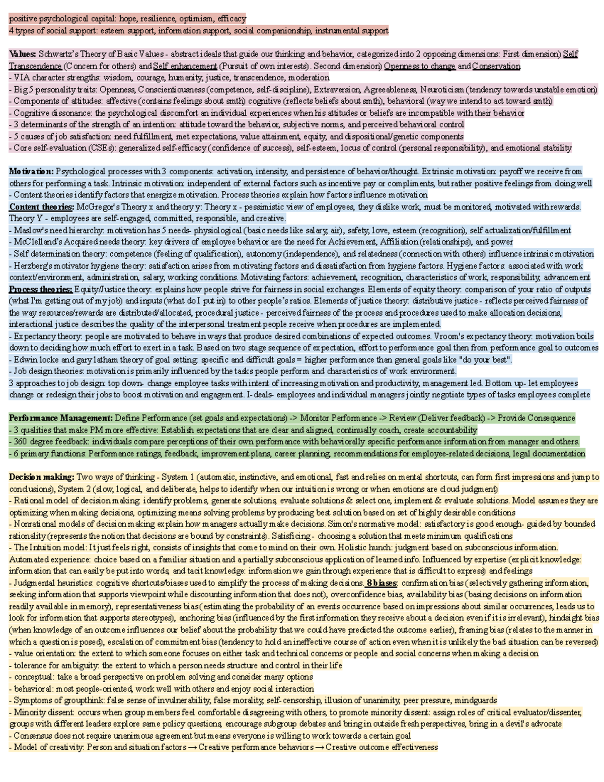 BUAD 304 - Midterm Notes Sheet - positive psychological capital: hope ...