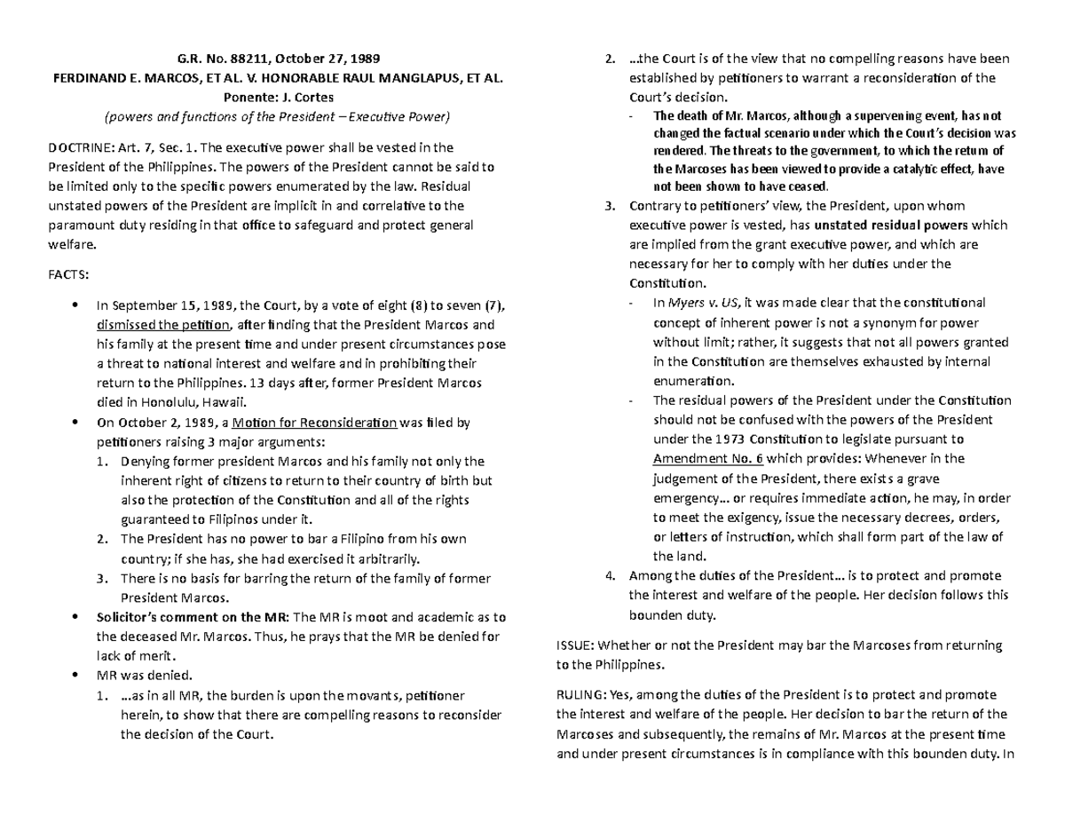 93. Marcos v. Manglapus, 178 SCRA 760 (1989) - G. No. 88211, October 27 ...