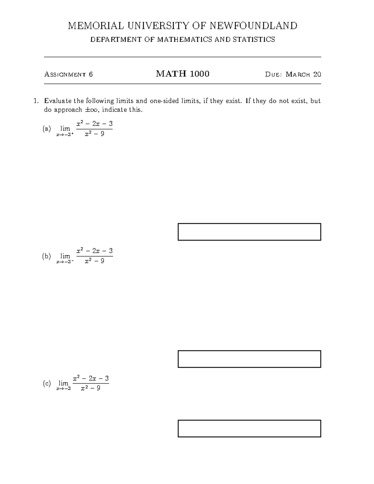 Ass6 - math 1000 cal i all lec notes for session 2021 - MEMORIAL ...