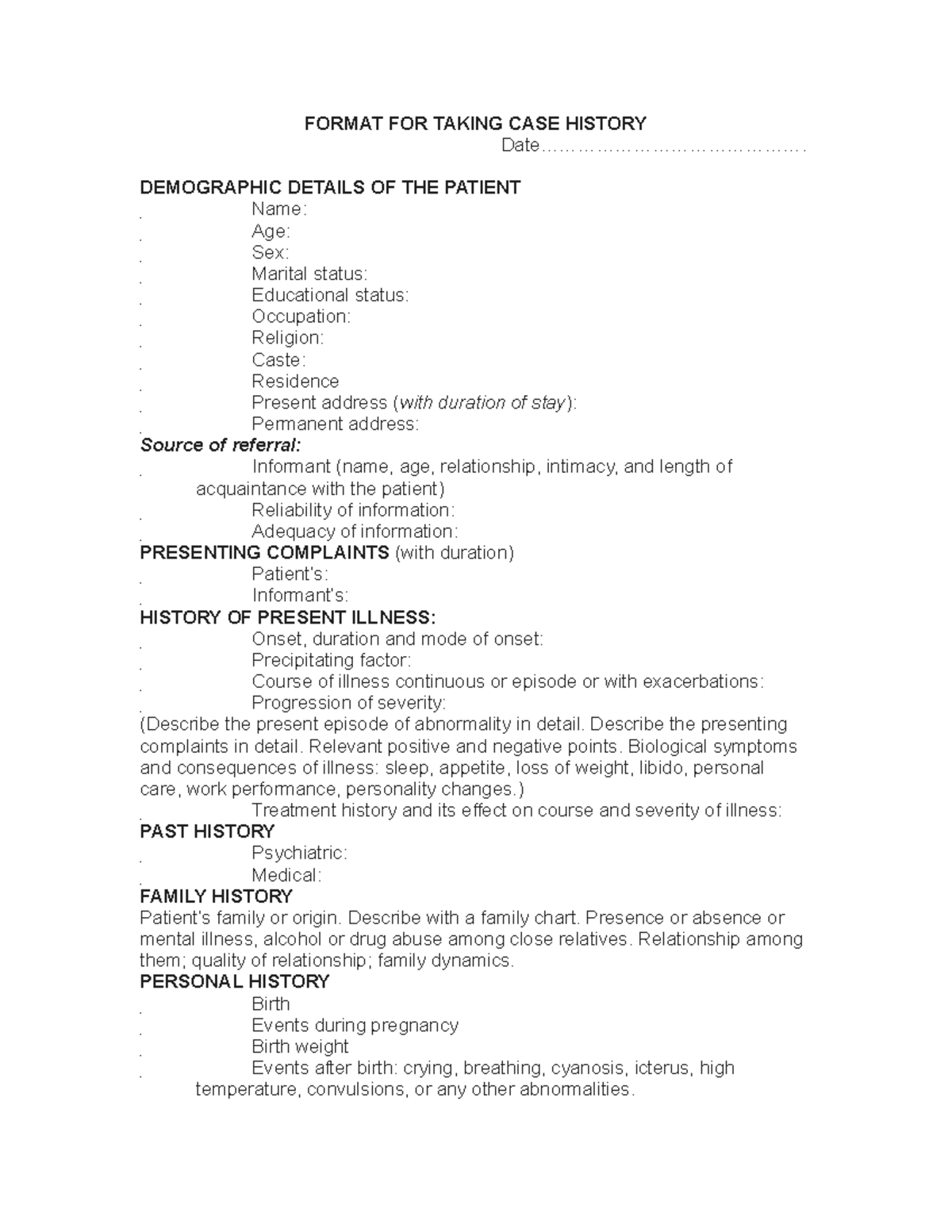 Case history format - FORMAT FOR TAKING CASE HISTORY Date
