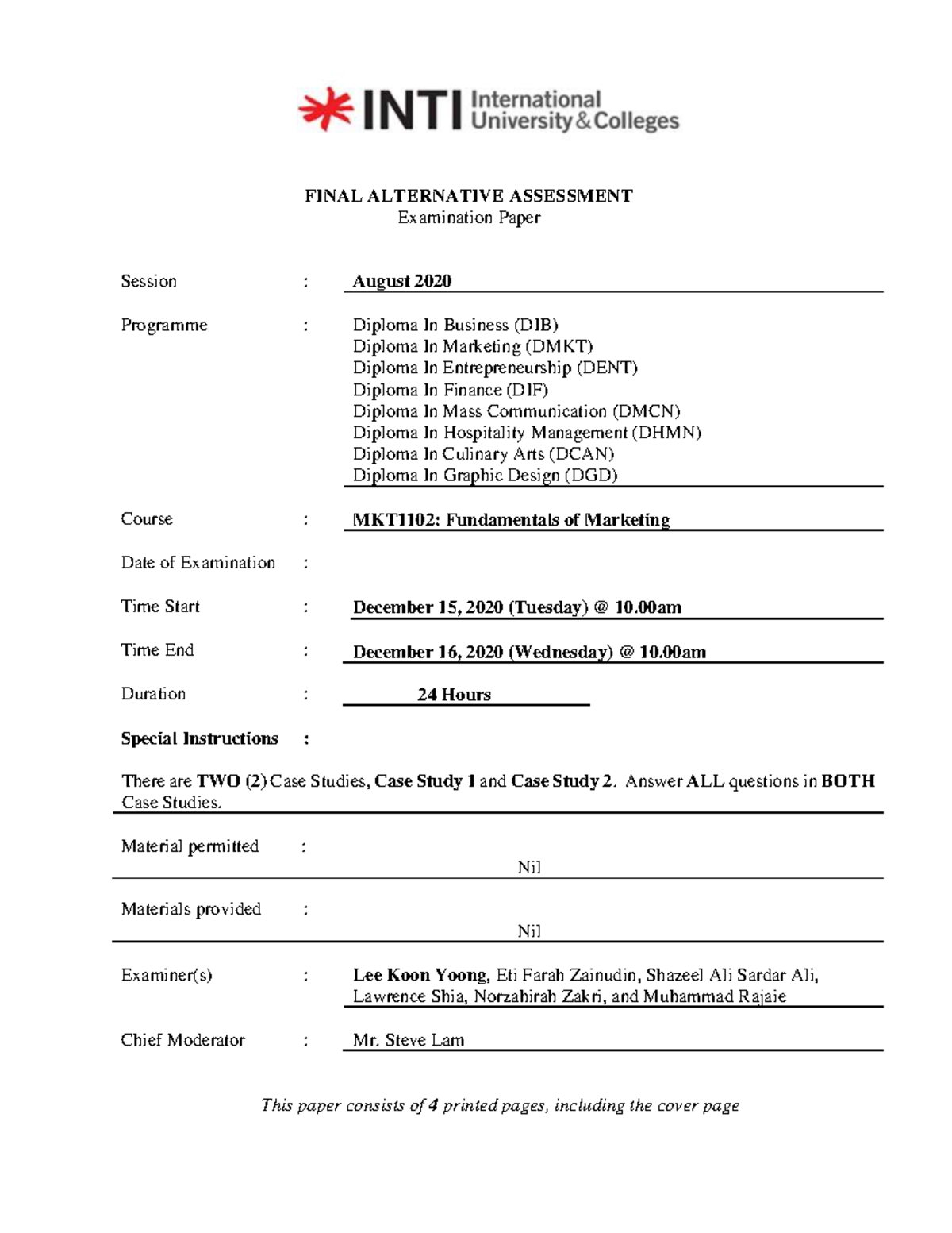MKT1102 Testquestion - FINAL ALTERNATIVE ASSESSMENT Examination Paper ...