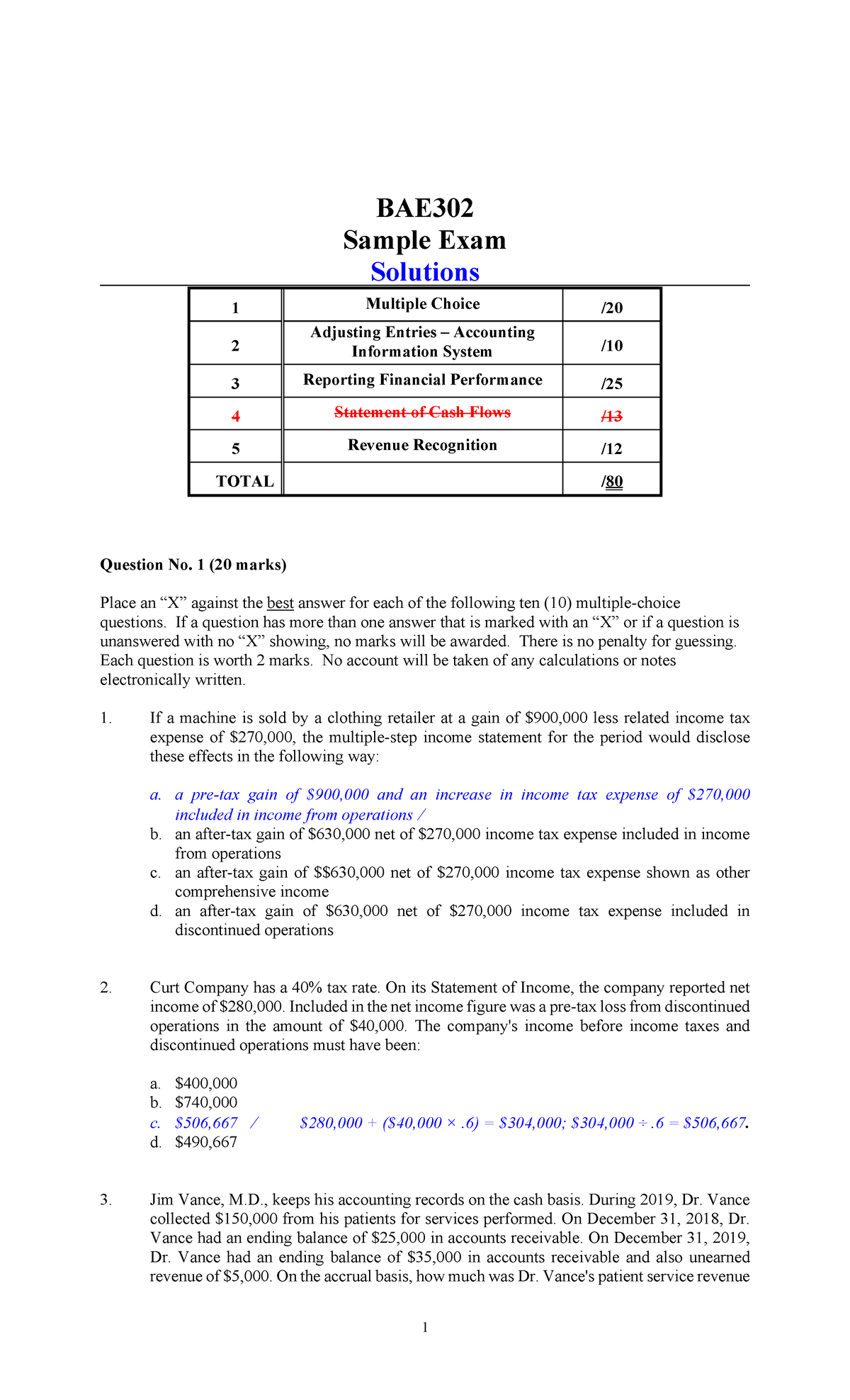 Sample exam WITH Answers - BAE Sample Exam Solutions 1 Multiple Choice ...