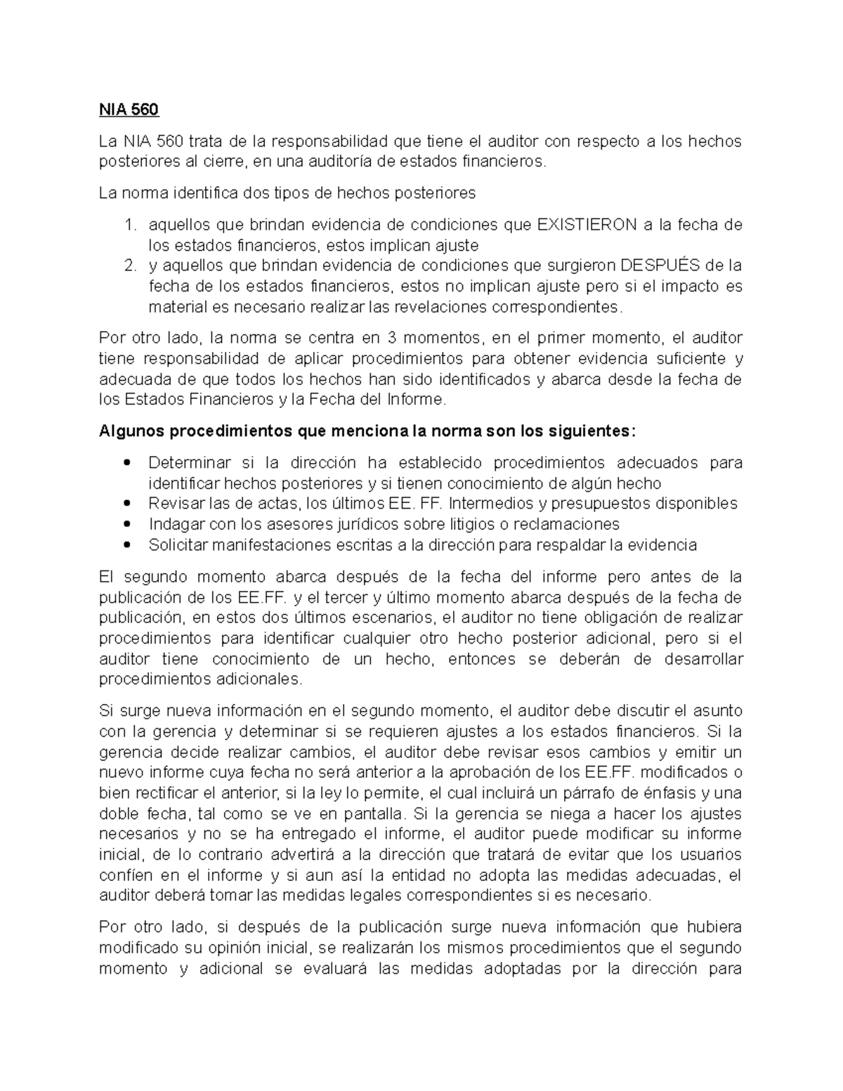 Explicación NIA 560 - NIA 560 La NIA 560 trata de la responsabilidad ...