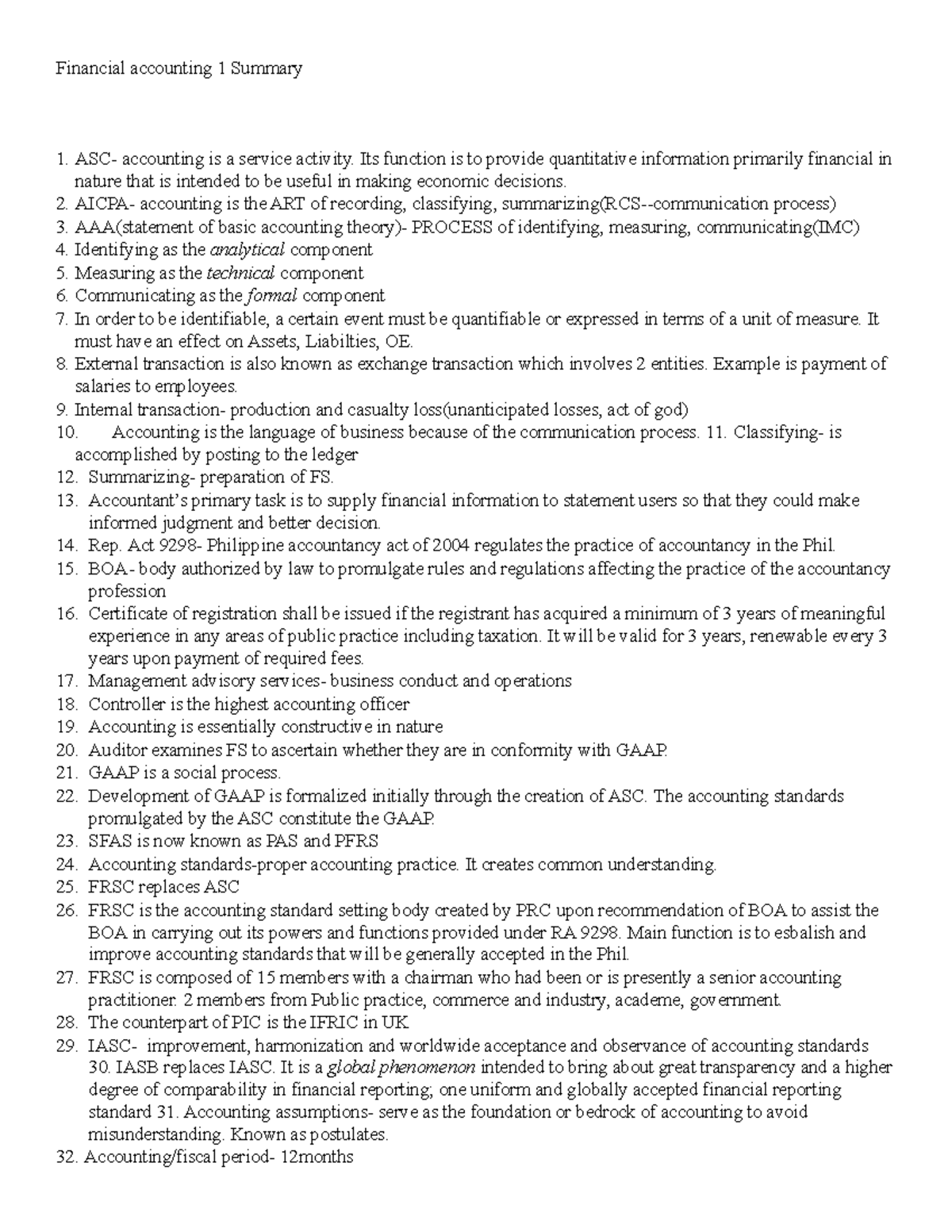 Financial Accounting 1 Summary - ASC- accounting is a service activity ...
