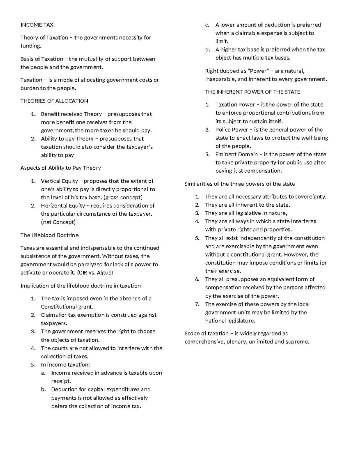 Income TAX - some lecture notes. - INCOME TAX Theory of Taxation – the ...