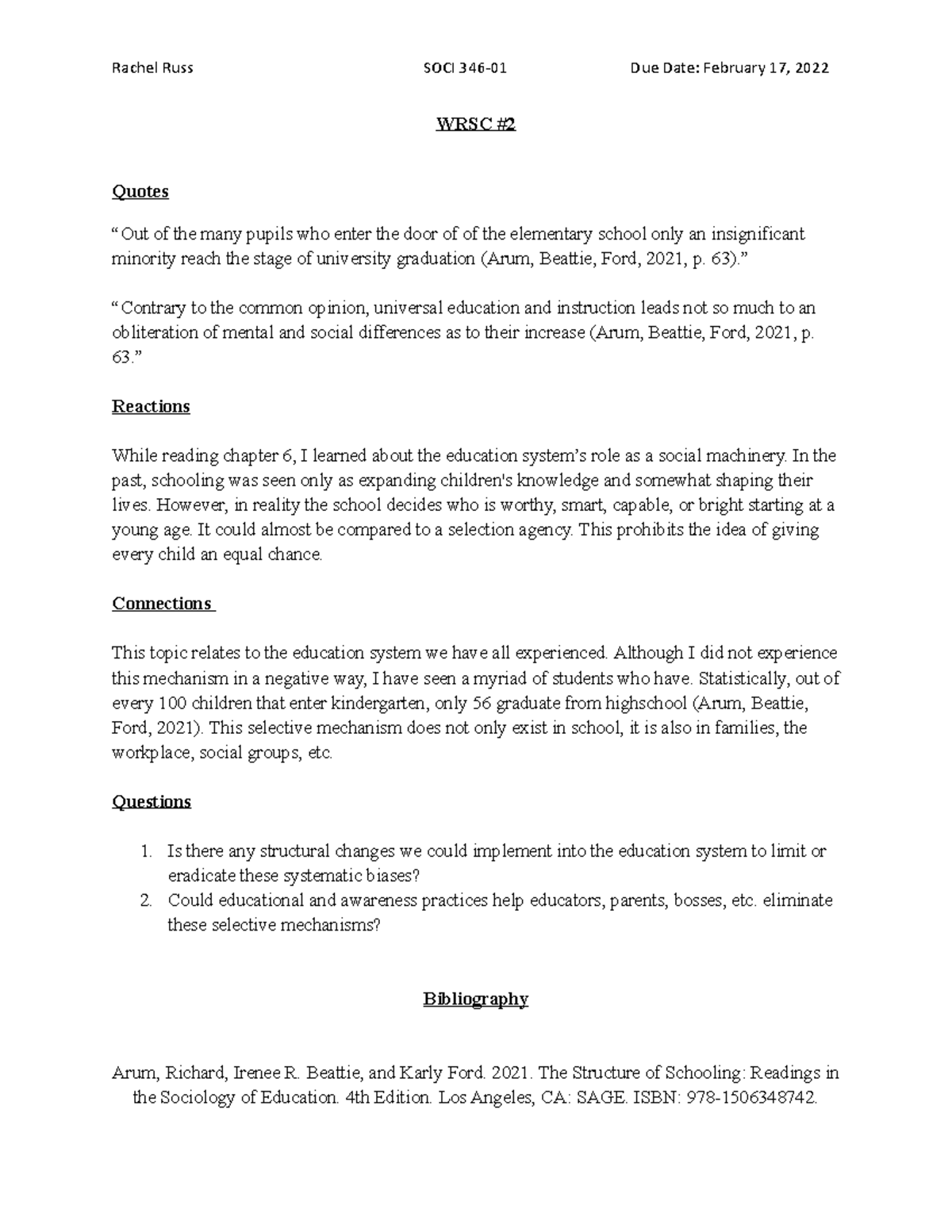 WRSC #2 - WRSC #2 - Rachel Russ SOCI 346-01 Due Date: February 17, 2022 ...