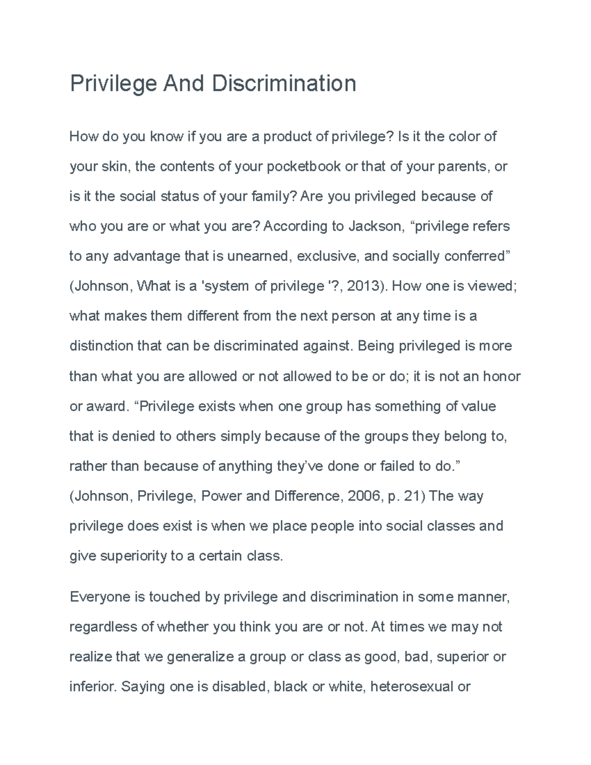 Privilege And Discrimination - How one is viewed; what makes them ...