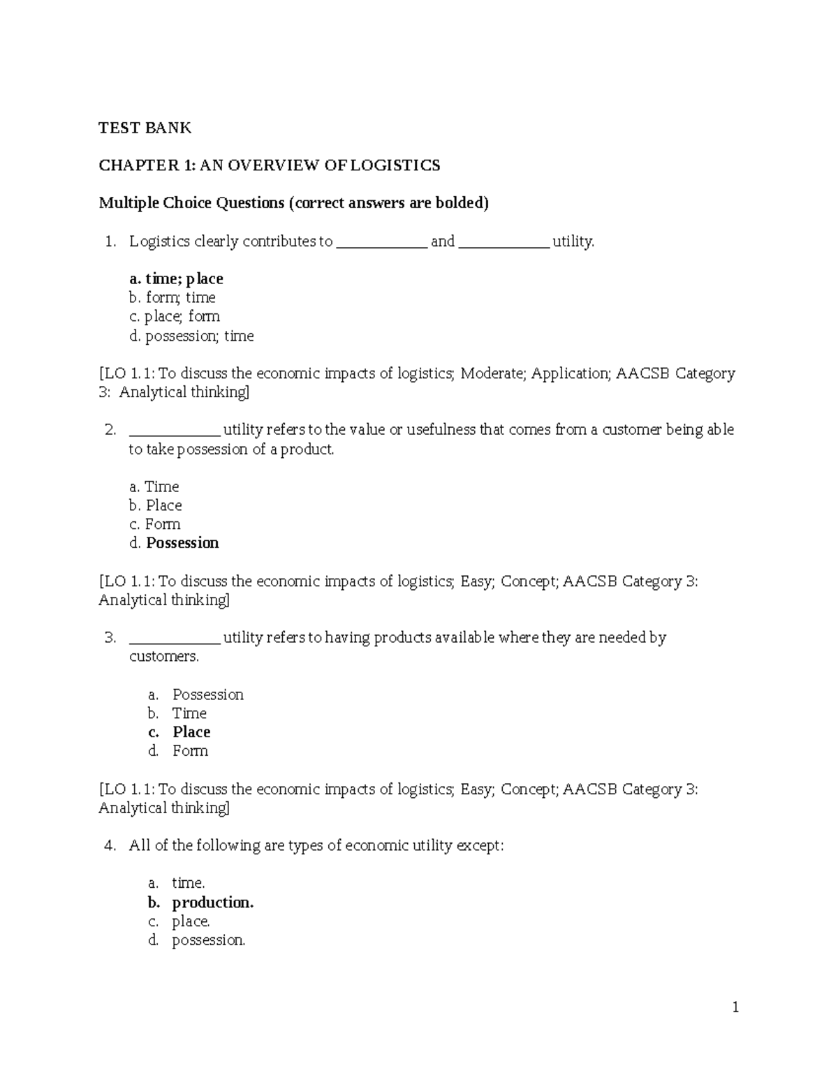 Ch1 Test Bank - ssaad - TEST BANK CHAPTER 1: AN OVERVIEW OF LOGISTICS ...