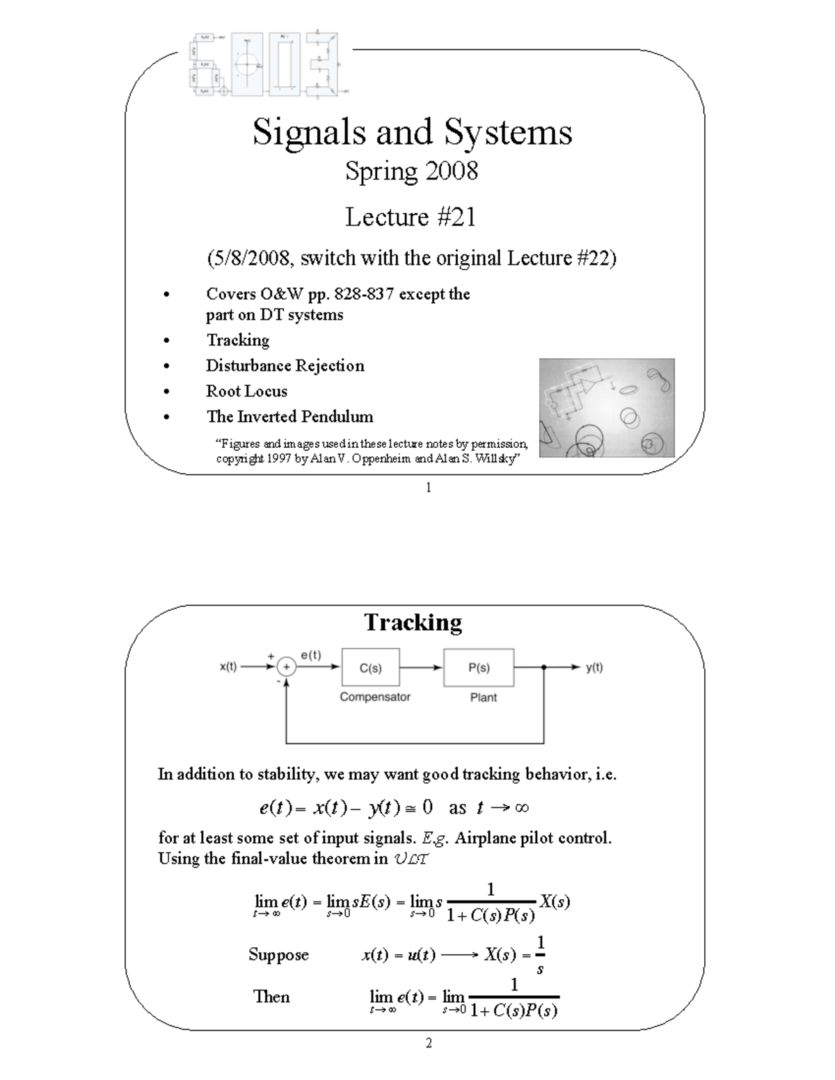 Lecture 21 - LINEAR SYSTEM ll course - 1 Signals and Systems Spring 2008 Lecture (5/8/2008 ...