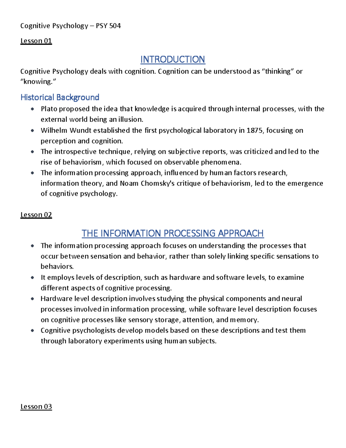 Psy 504 Cognitive psychology short notes lec1 6 - Cognitive Psychology ...