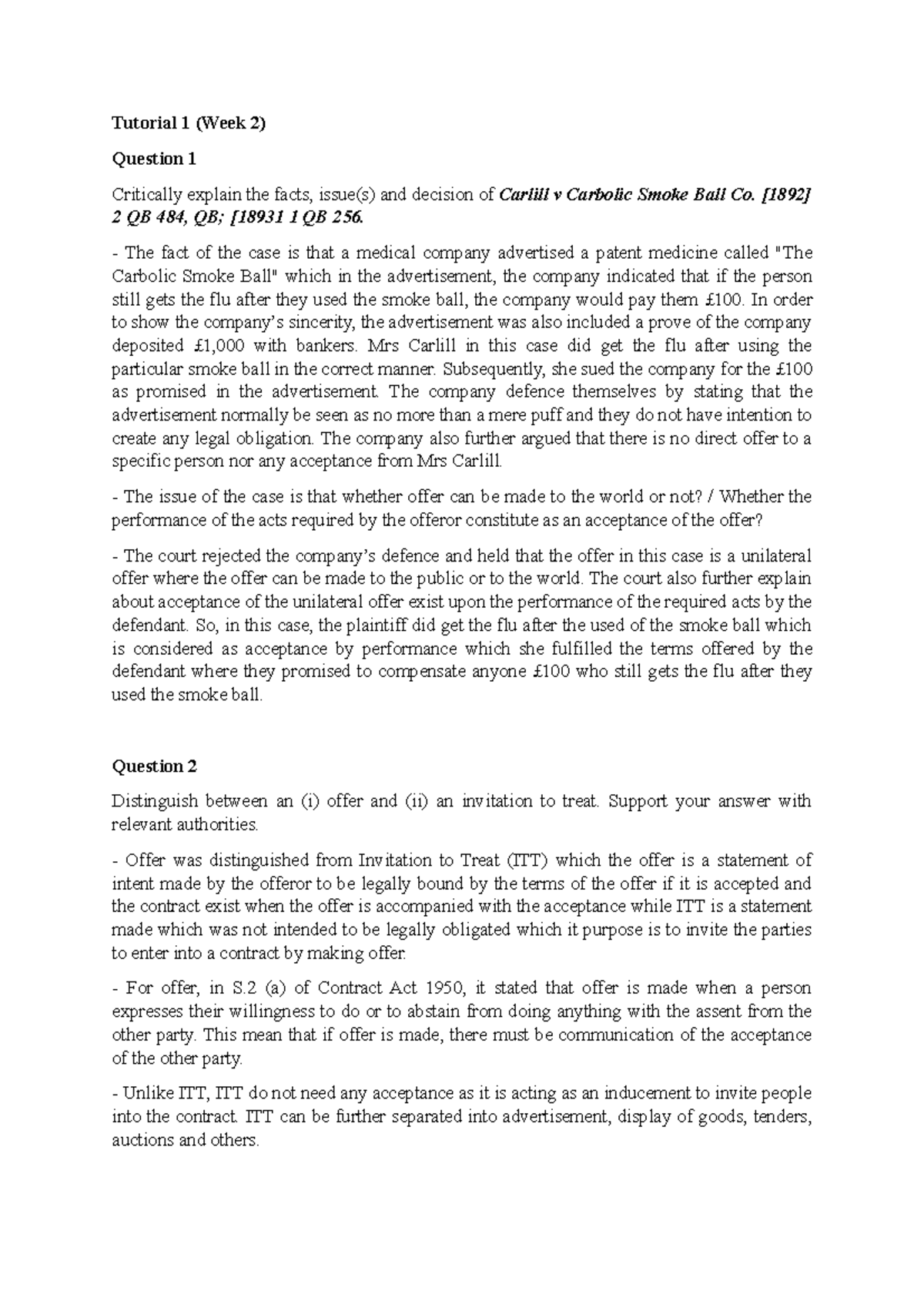 Tut 1 - Reference only (Disclaimer) - Tutorial 1 (Week 2) Question 1 ...