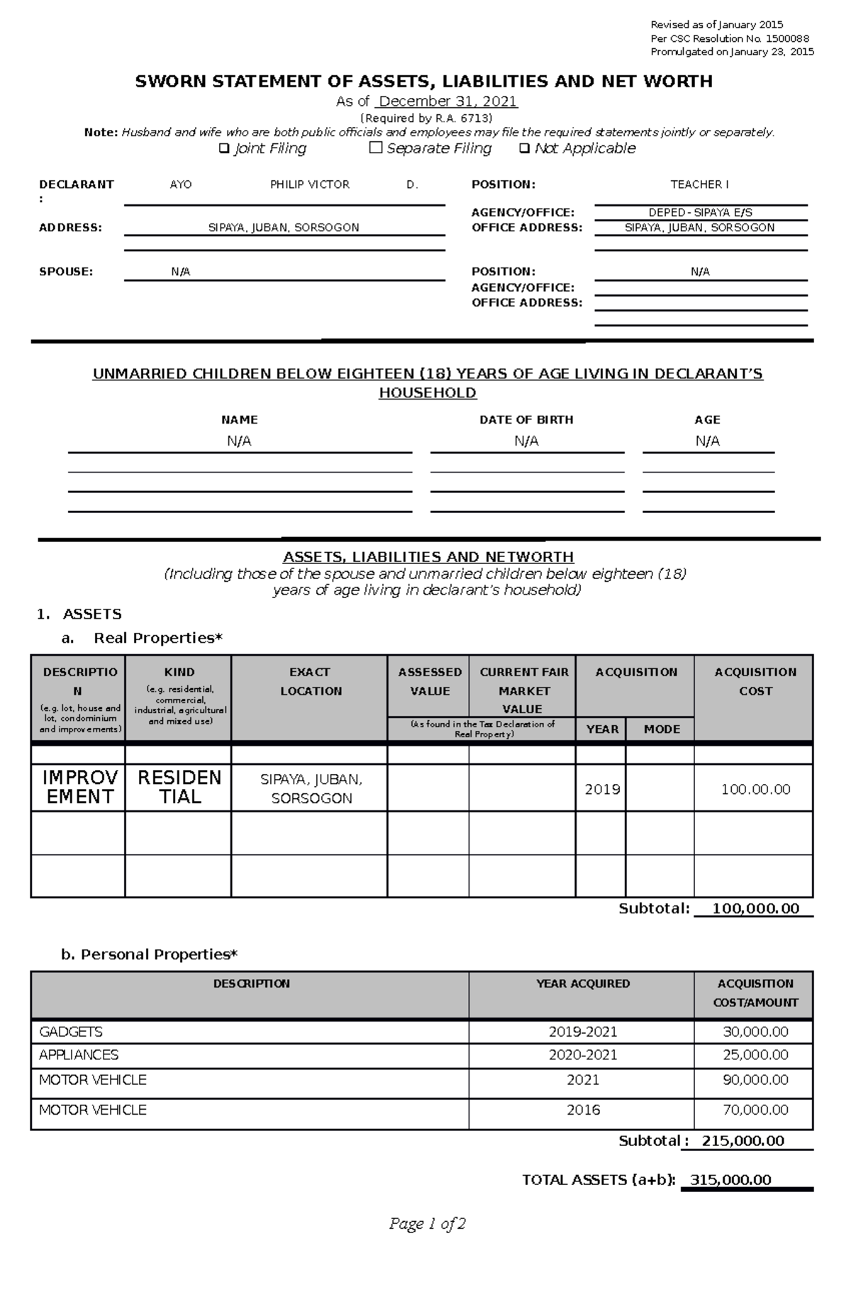 Statement of Assets Liabilities and Net Worth Philip - Revised as of ...
