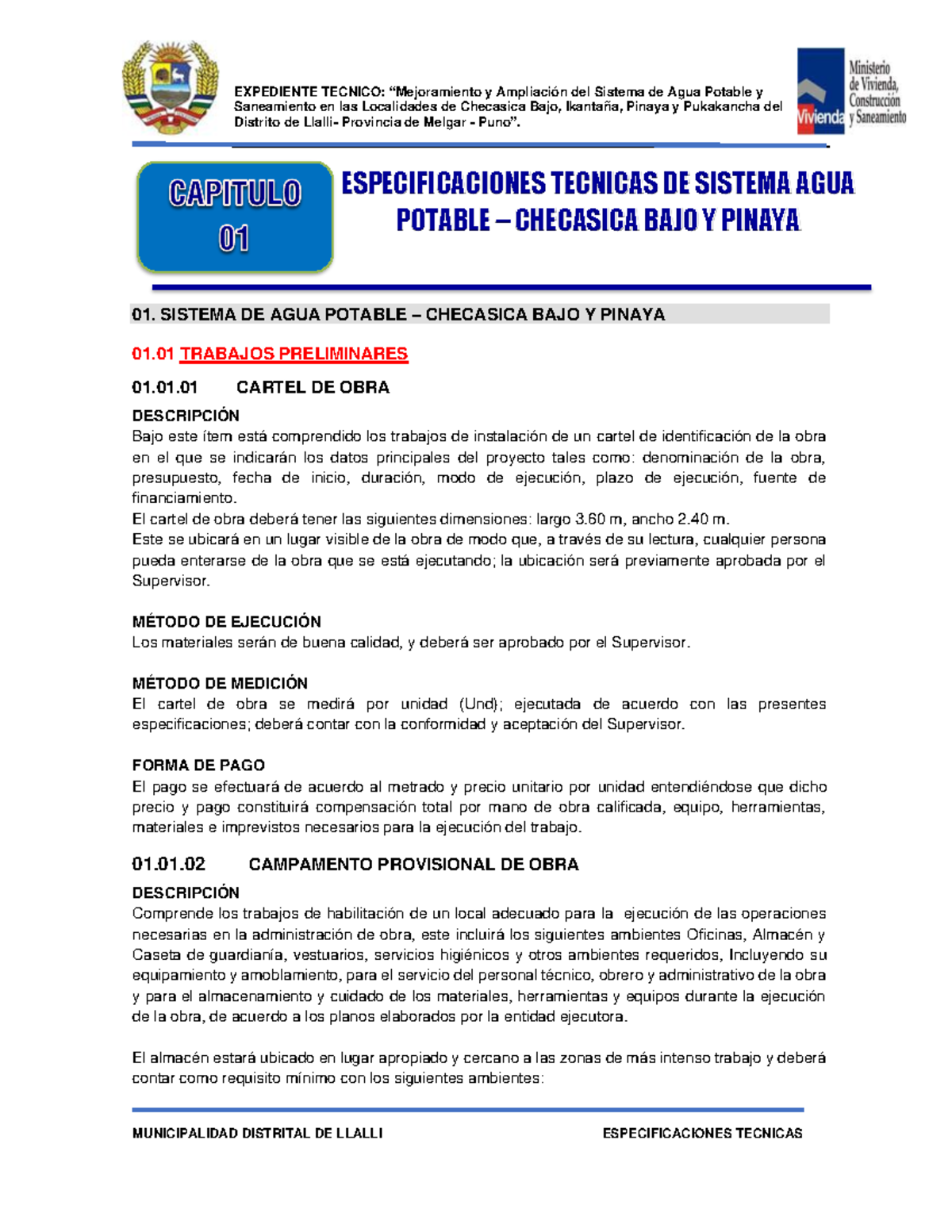 01 Especificacion Tecnicas Checasica Bajo y Pinaya VF - Saneamiento en ...